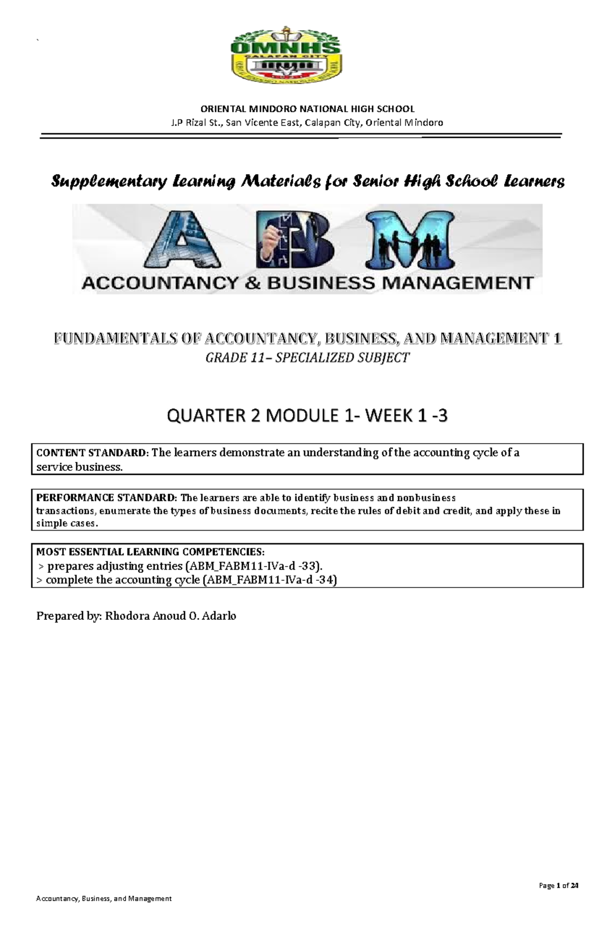 Fundamentals OF ABM 1 Q2 Module 1 WEEK 1 3 - Page 1 of 24 ` ORIENTAL ...