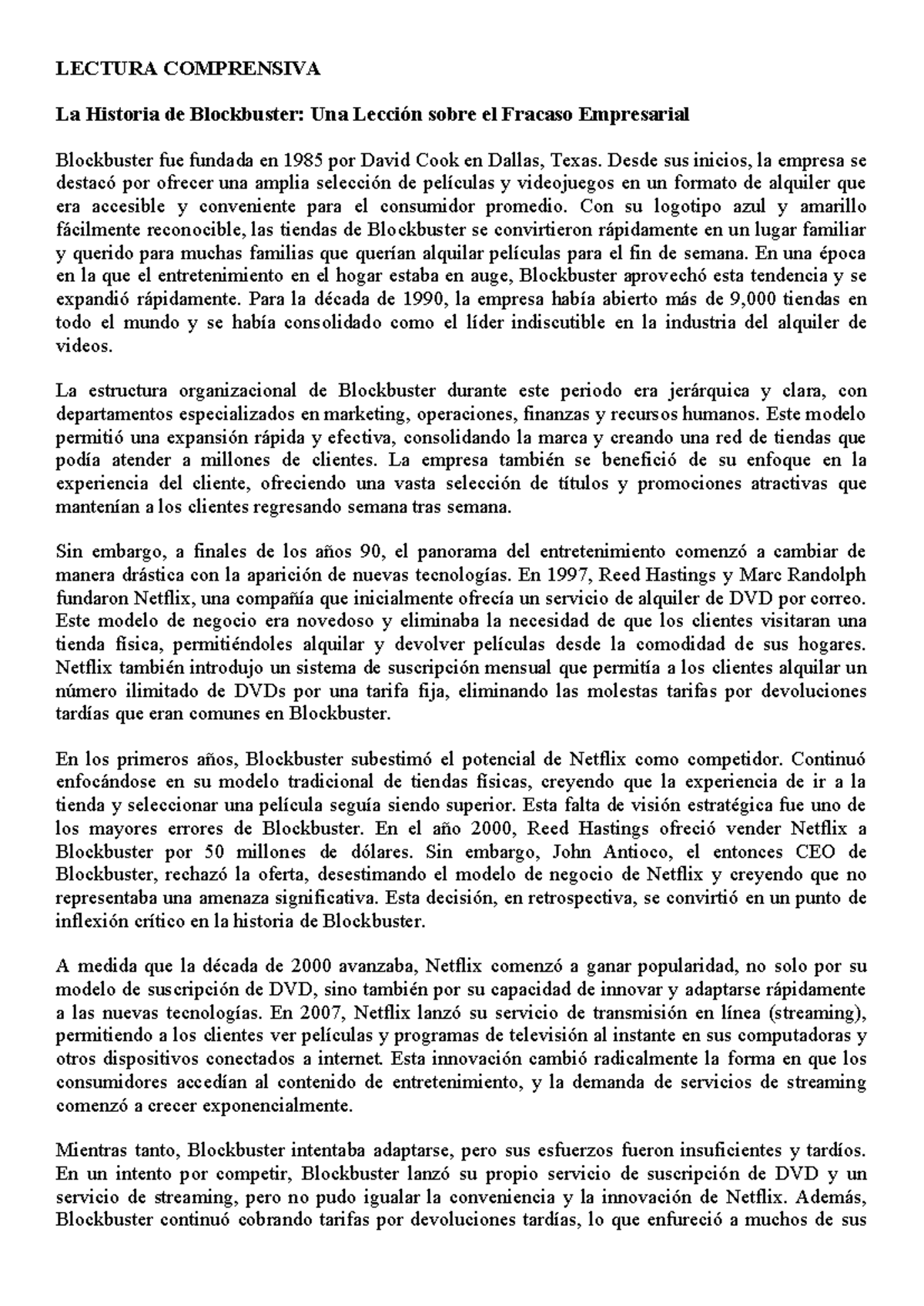 Lectura Comprensiva - LECTURA COMPRENSIVA La Historia de Blockbuster ...