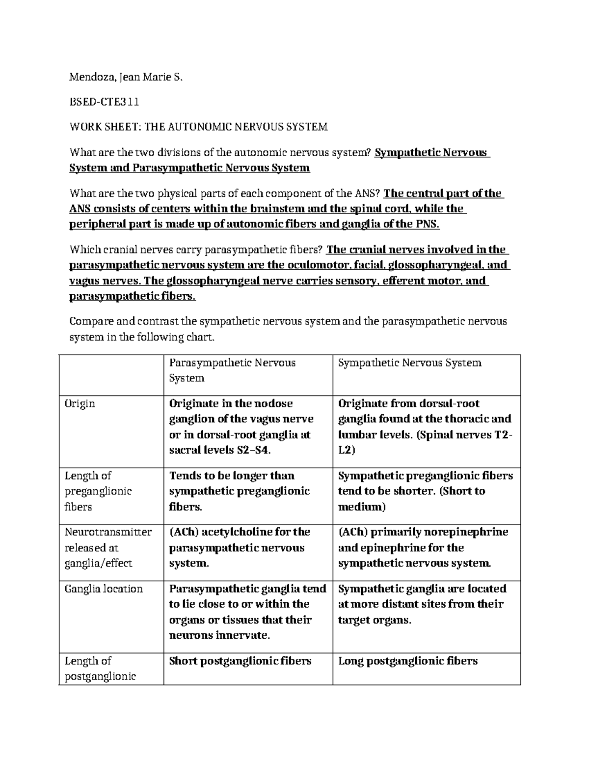 WORK SHEET: THE AUTONOMIC NERVOUS SYSTEM (ANS) Overview - Studocu