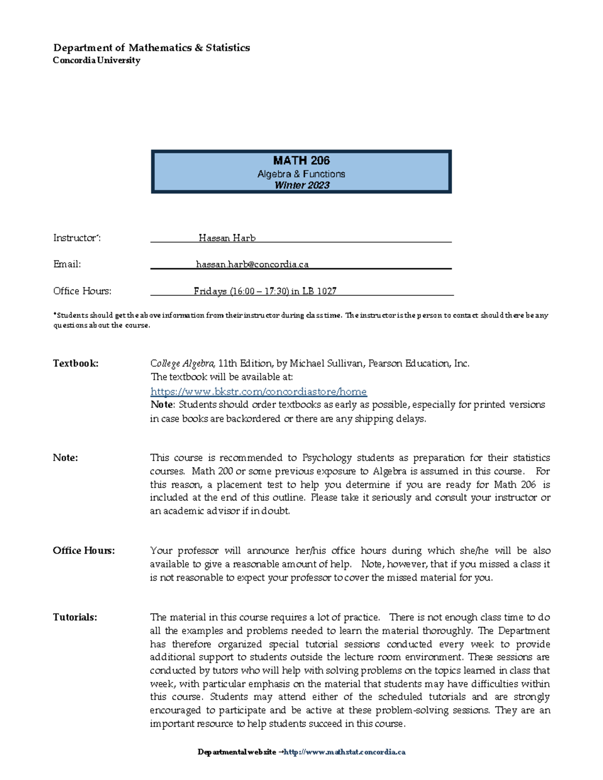 MATH 206 Winter 2023 Course Outline: Algebra & Functions Guide - Studocu
