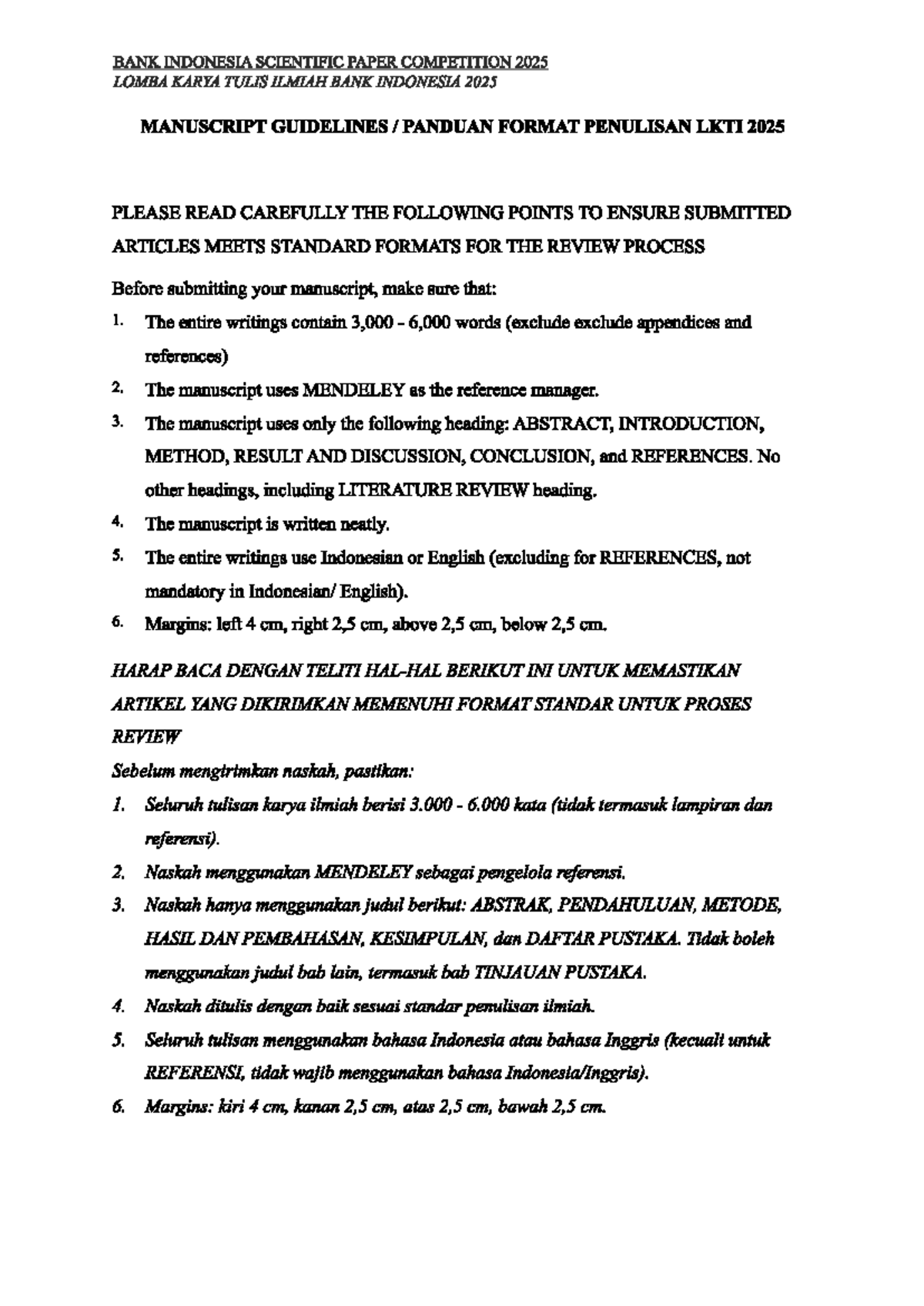 Panduan Format Penulisan LKTI 2025 - Bank Indonesia Scientific Paper ...