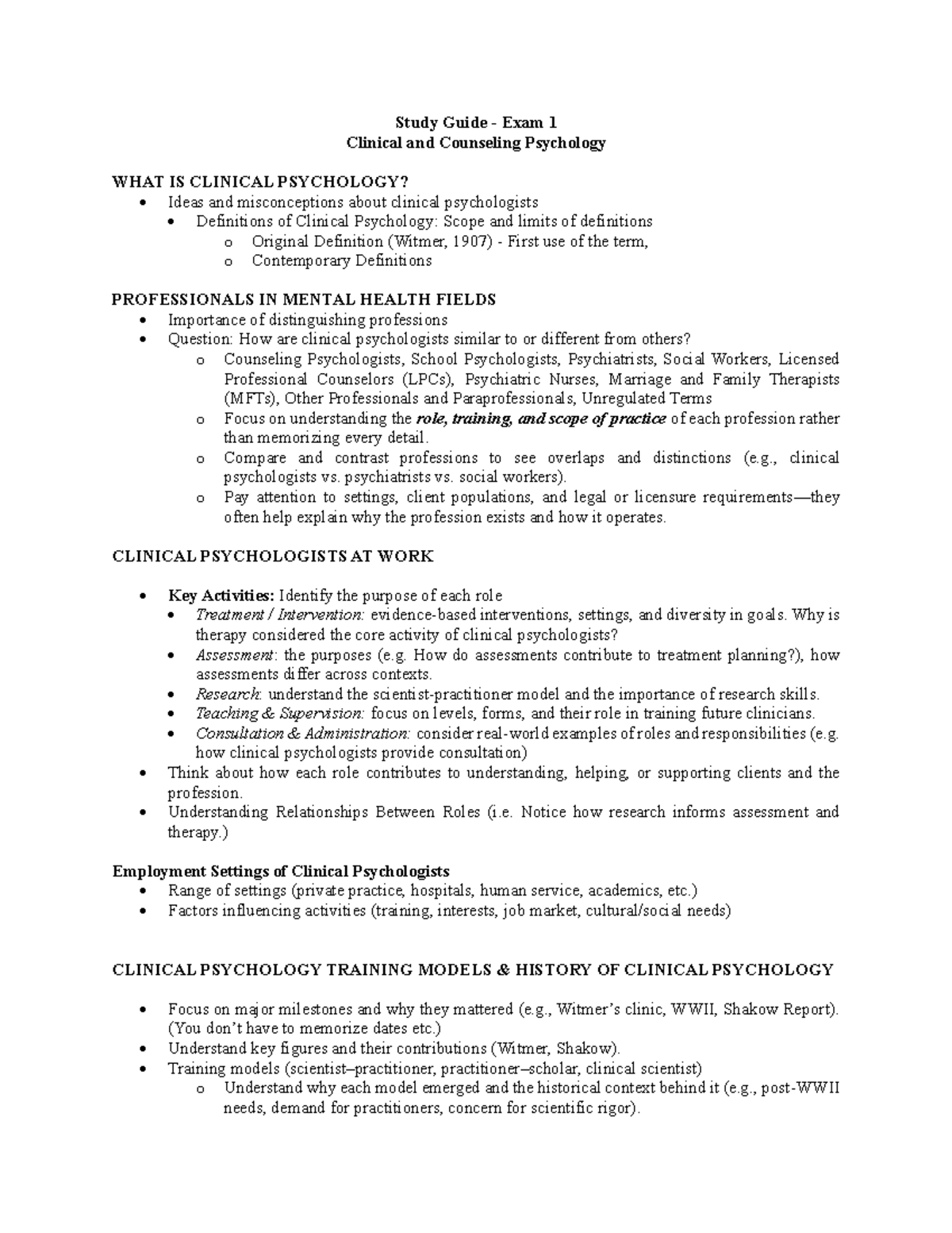Clinical Psychology Study Guide - Exam 1 Overview - Studocu