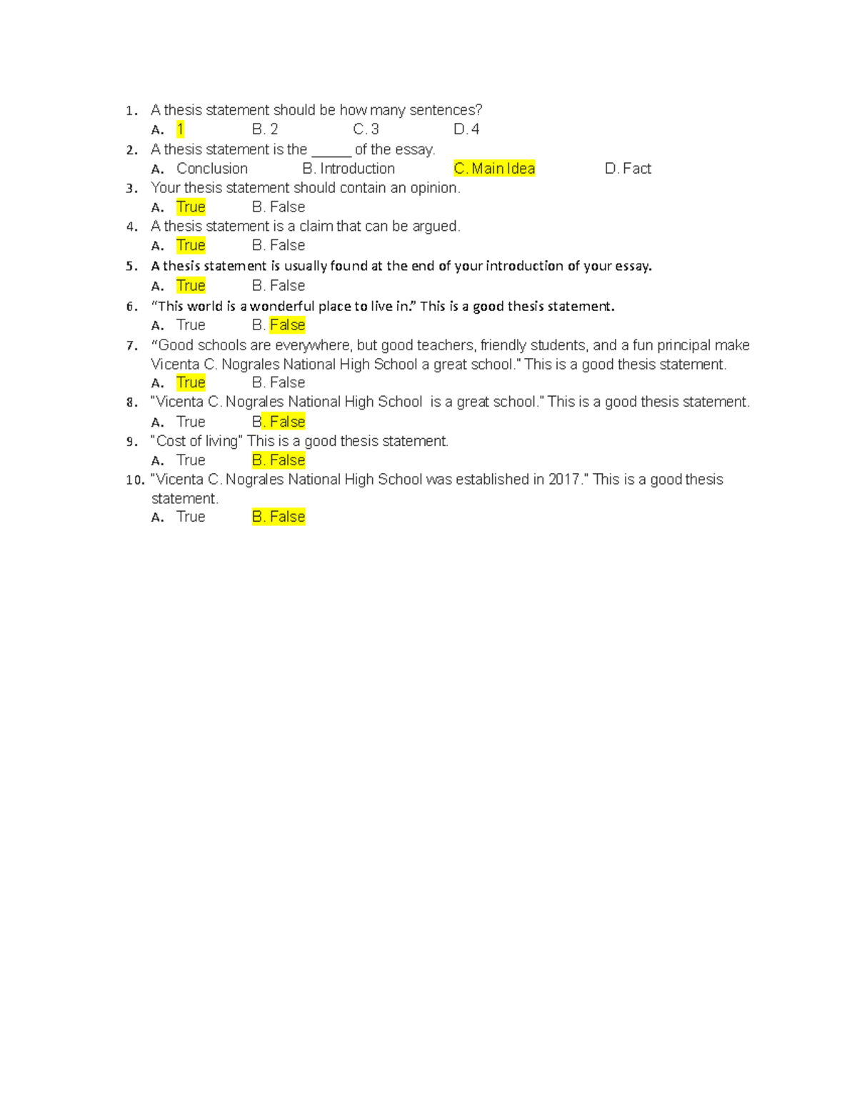 Quiz - Thesis Statements Evaluation and Analysis - Studocu