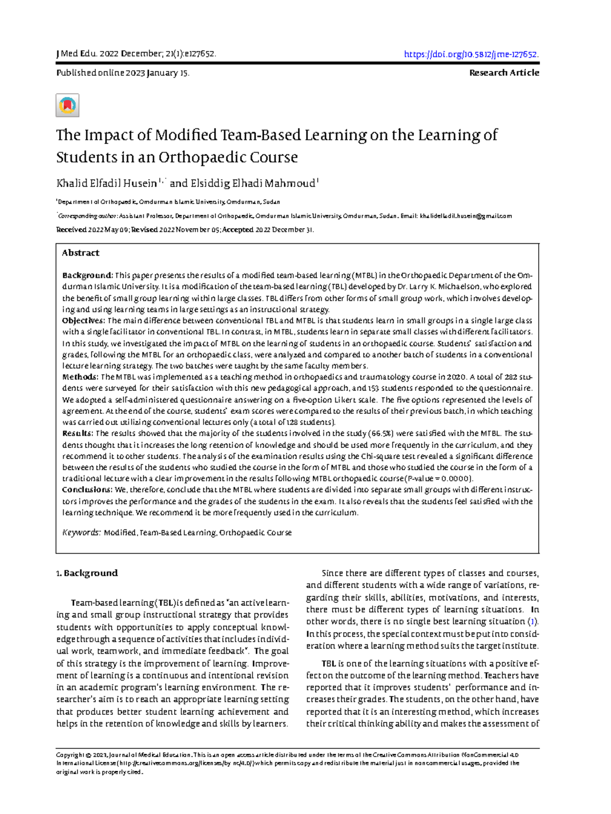 Modified Team Based Learning - J Med Edu. 2022 December; 21(1):e127652 ...