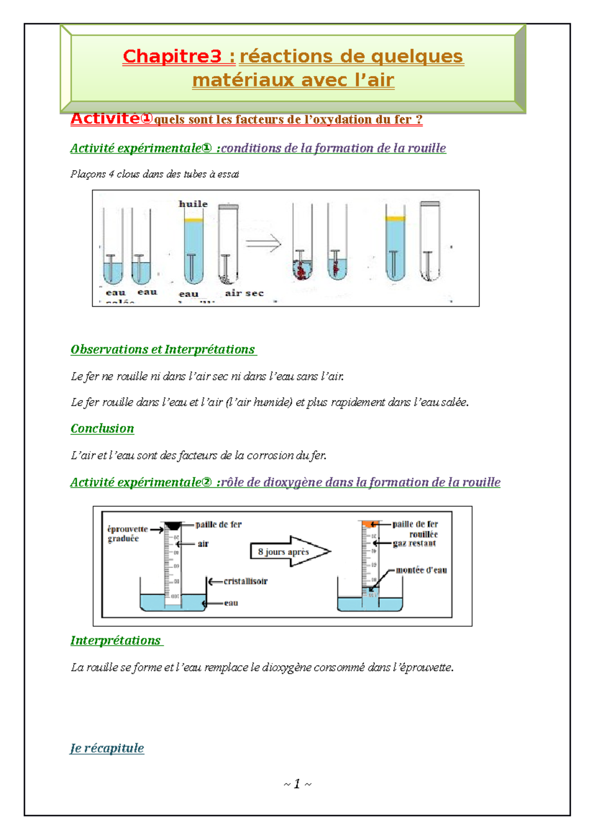 Leçon-réactions de quelques matériaux avec l'air - Activité①quels sont ...