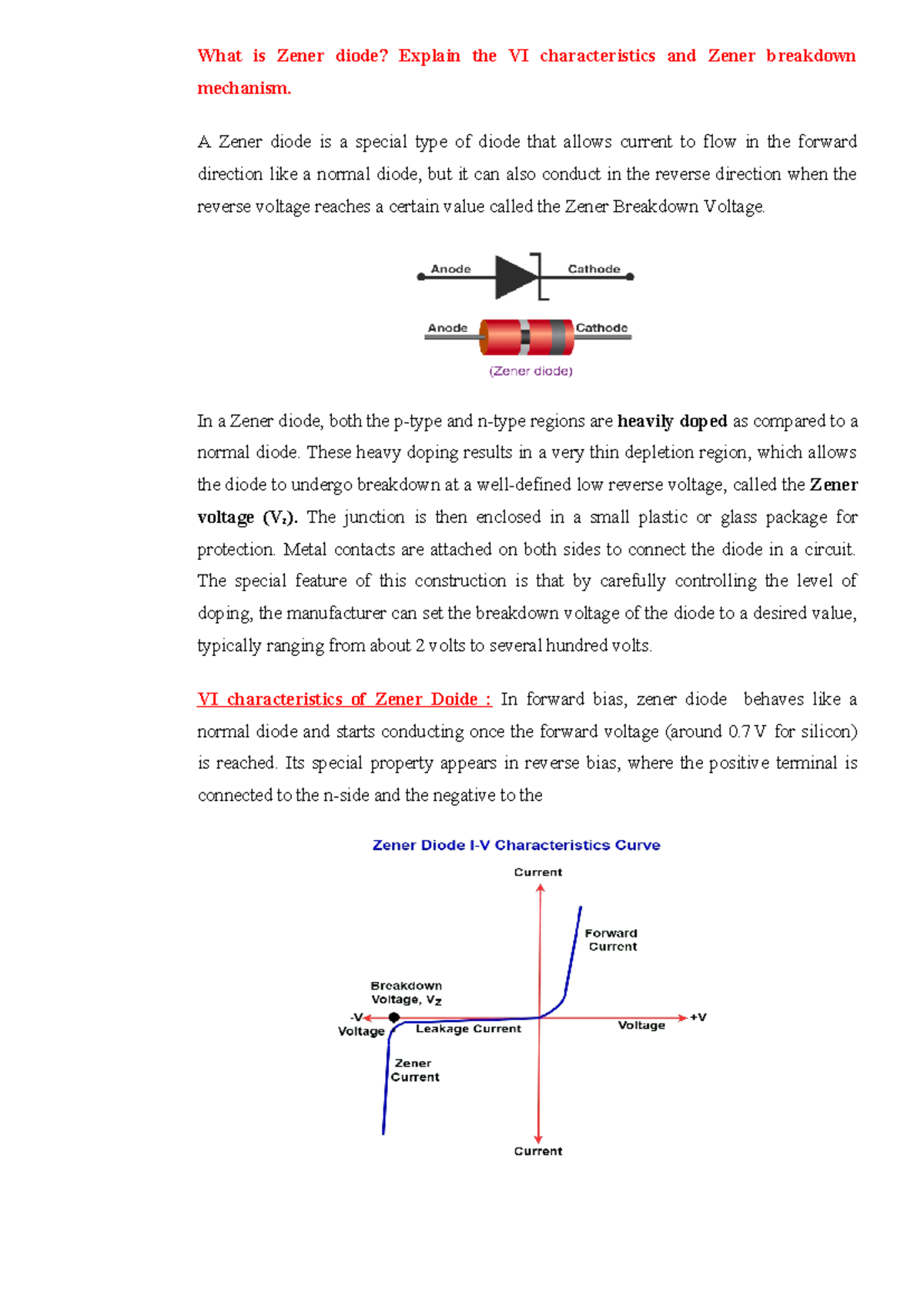 Zener Diode VI Characteristics & Breakdown Mechanisms - NIET Notes ...