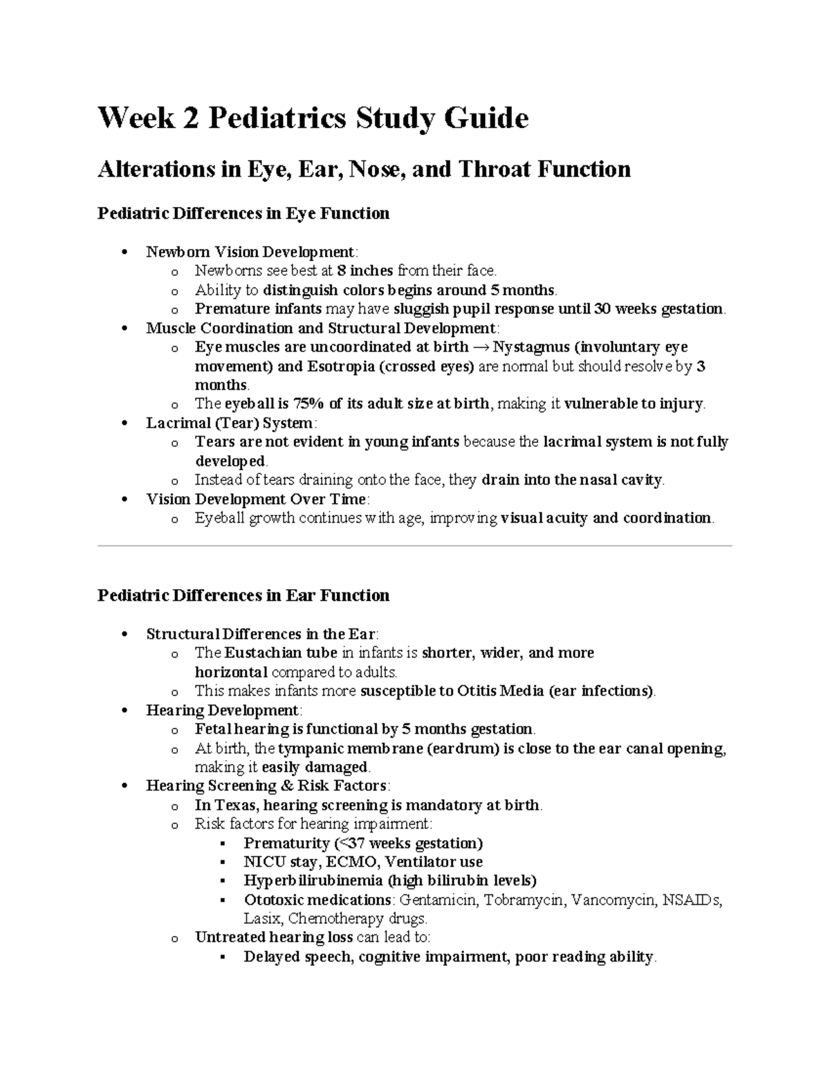 Week 2 PEDS - Study guide week 2 - Week 2 Pediatrics Study Guide Alterations in Eye, Ear, Nose ...