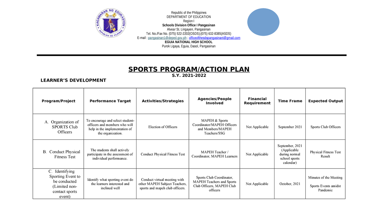 Sports-Program-Action Plan 2021-2022 - Republic of the Philippines ...