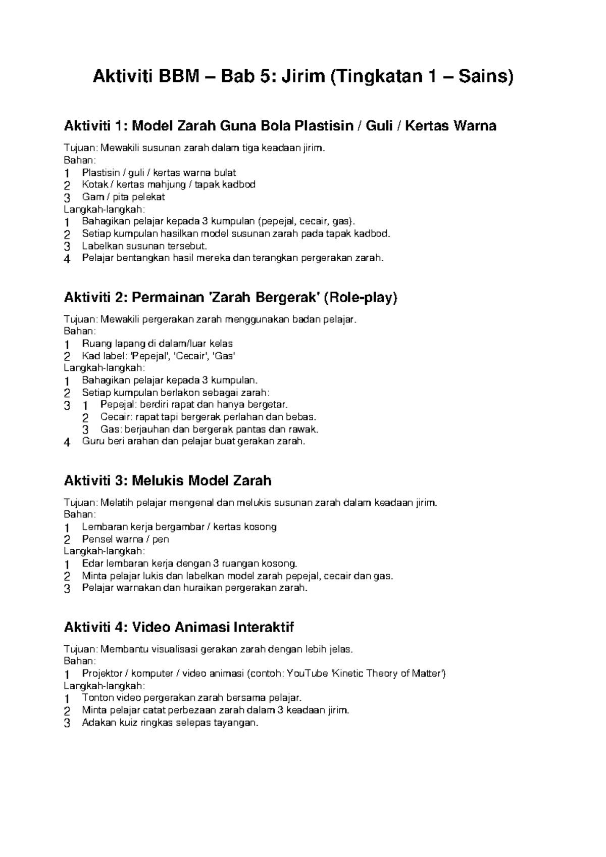 Aktiviti BBM Bab 5: Jirim (Tingkatan 1 Sains) - Model Zarah dan ...