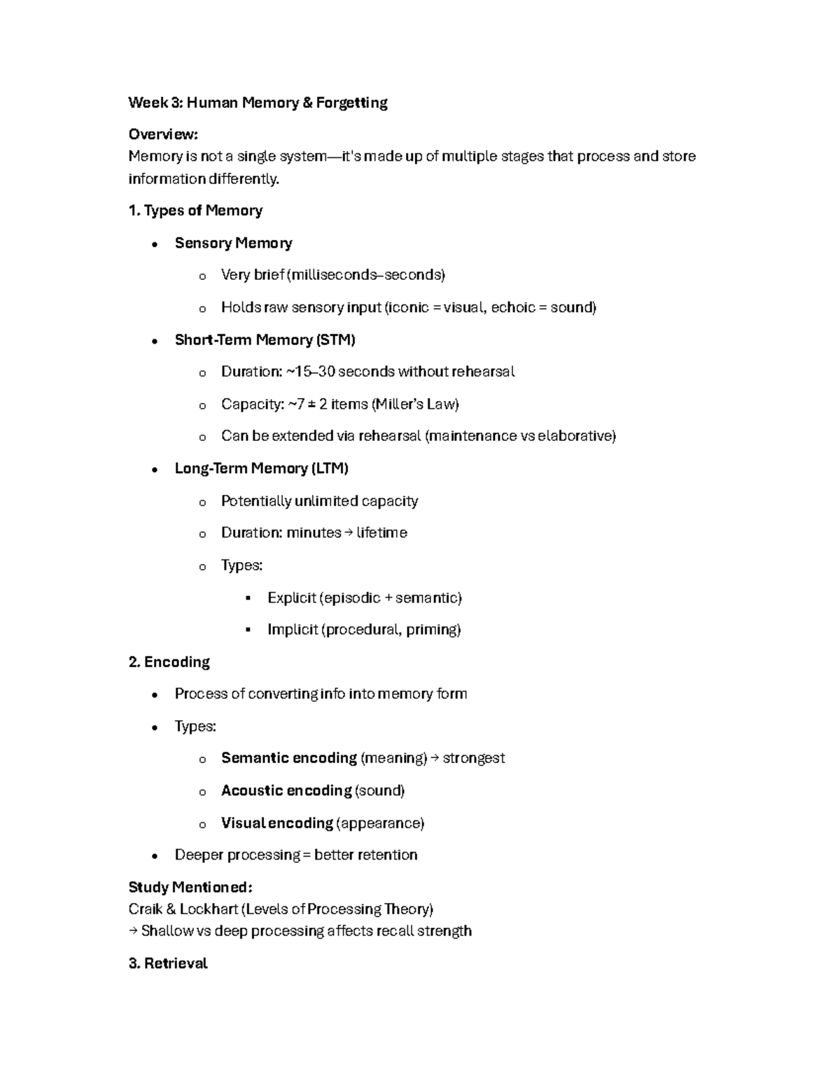Week 3: Human Memory & Forgetting Overview - Lecture Notes - Studocu