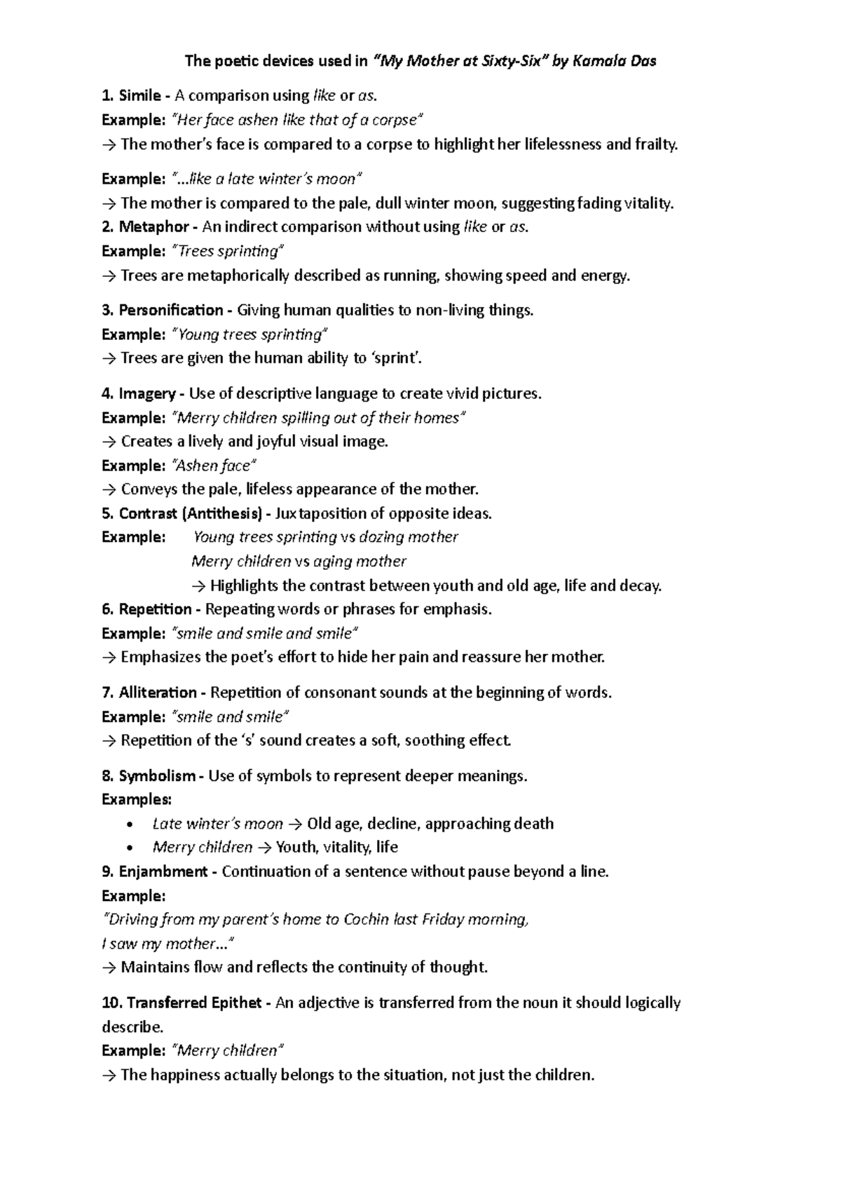 Poetic Devices in "Mother" by Kamala Das - Assignment Notes - Studocu