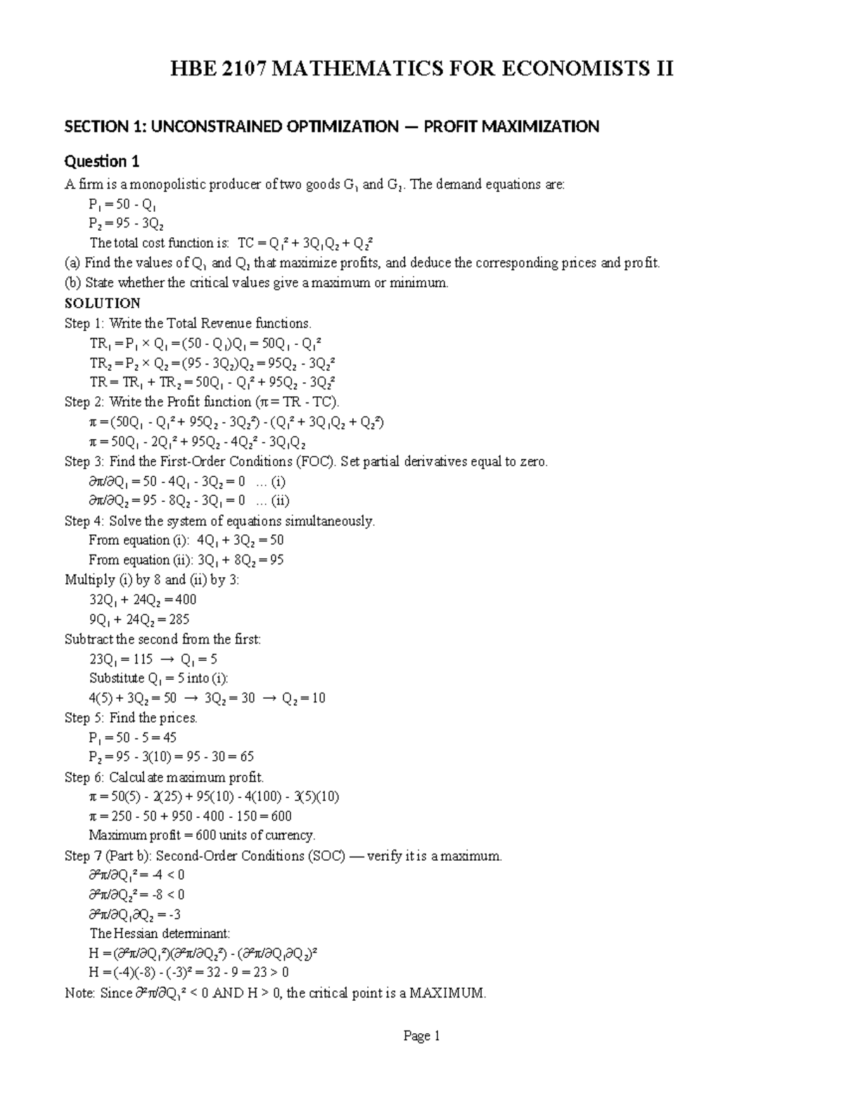 HBE 2107 Mathematics for Economists II: Reworked Equations Final Exam ...