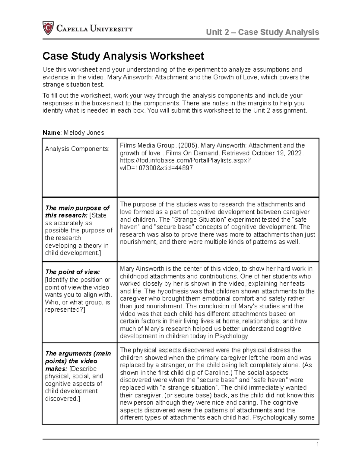 Case Study Analysis Worksheet on Attachment - PSYC2700 - Studocu