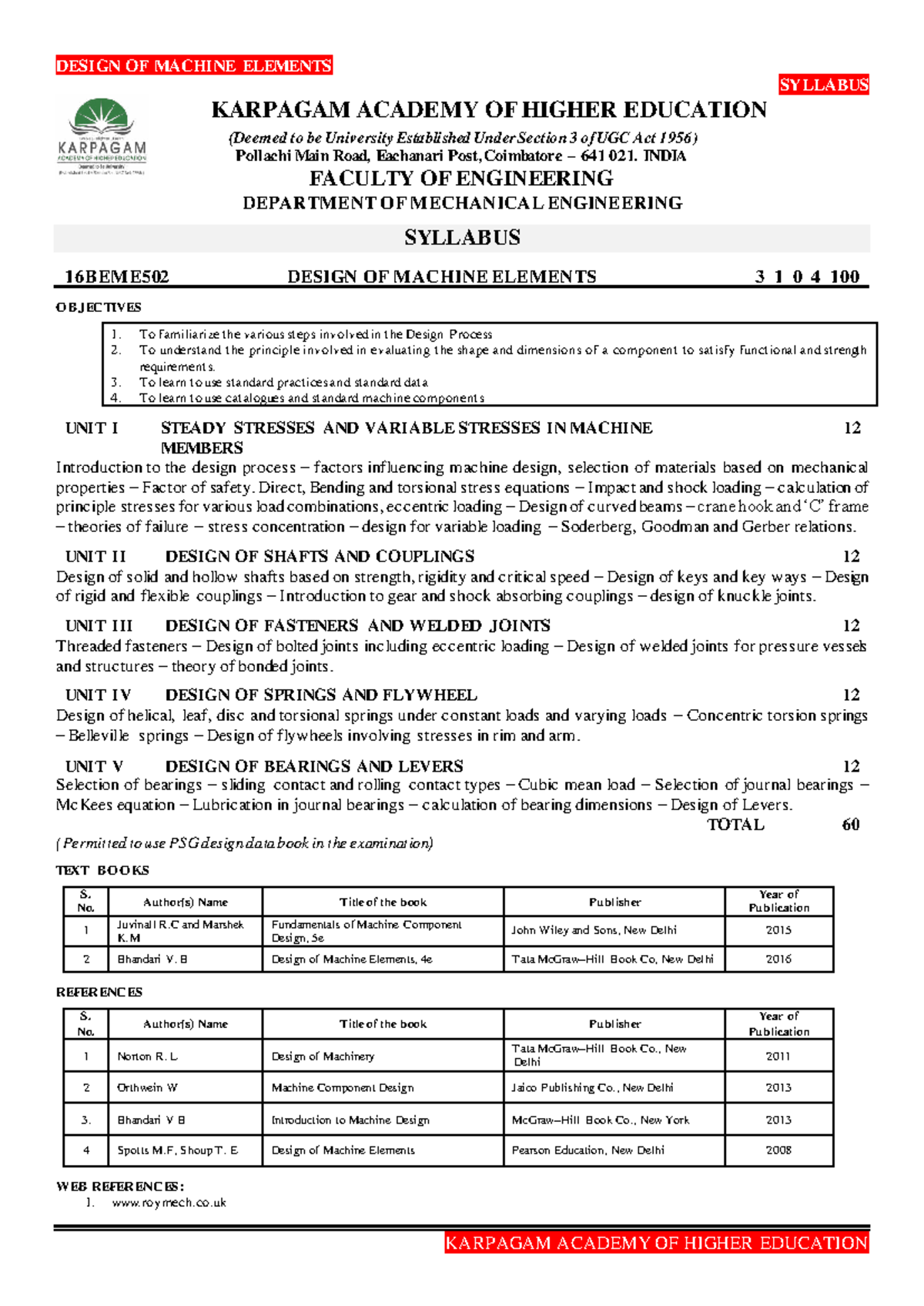 16BEME502 Design of Machine Elements Syllabus and Lesson Plan - Studocu
