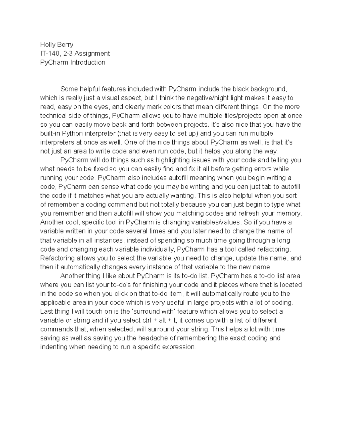 IT-140 PyCharm Features Overview for 2-3 Assignment - Studocu