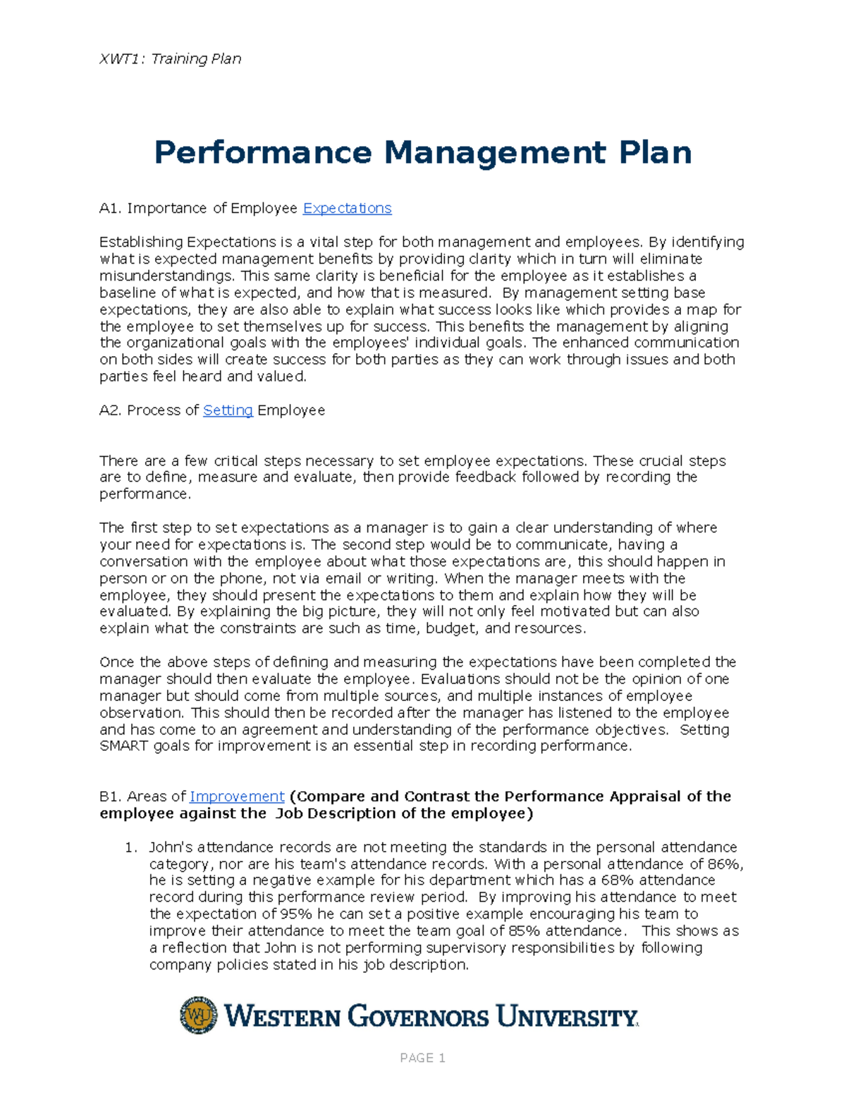 C235 Task 2 Performance Management Plan - XWT1: Training Plan Performance Management Plan A1 ...
