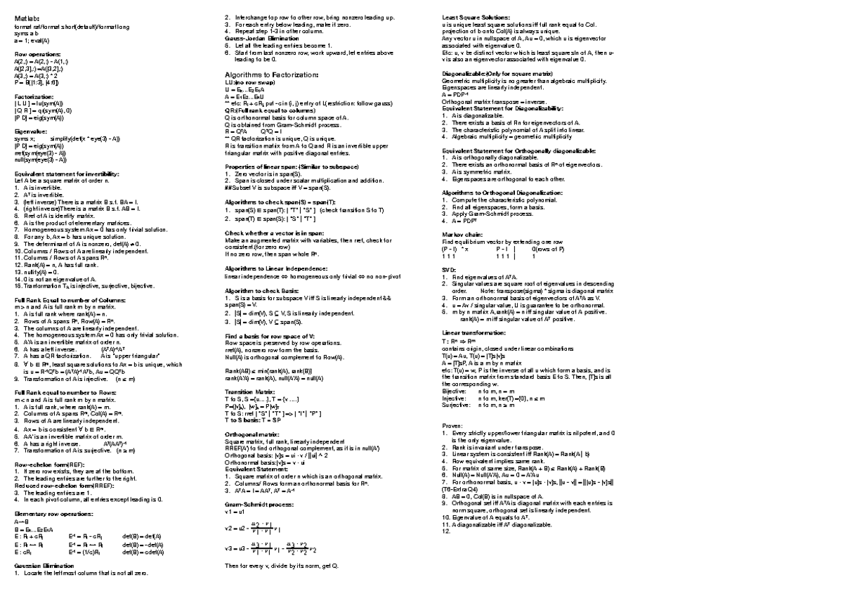 MA1522 Linear Algebra Summary Sheet: Key Concepts and Operations - Studocu