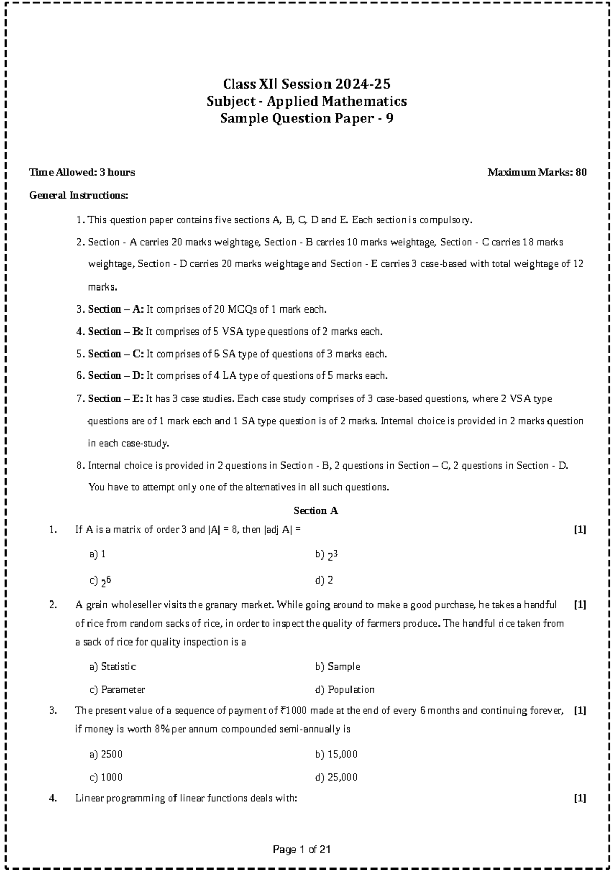 Class XII Applied Mathematics Sample Question Paper 9 - Studocu