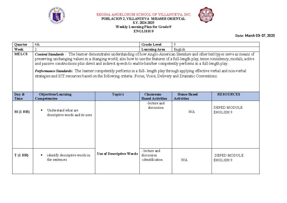 ENG9-WLP-Q4-W2 - WEEKLY LEARNING PLAN FOR ENGLISH 9 QUARTER 4 WEEK 2 - Studocu