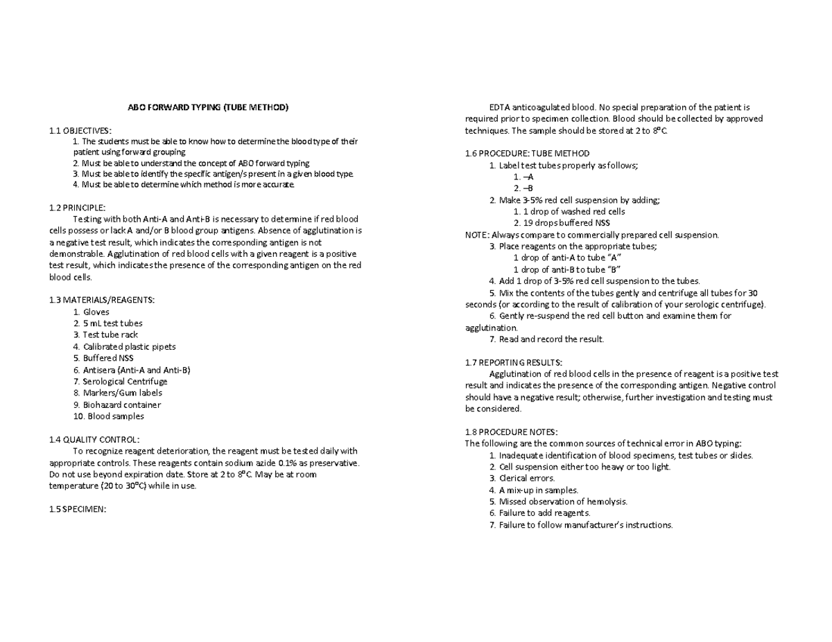 ABO Forward Typing Lab Manual (Tube Method) - Studocu