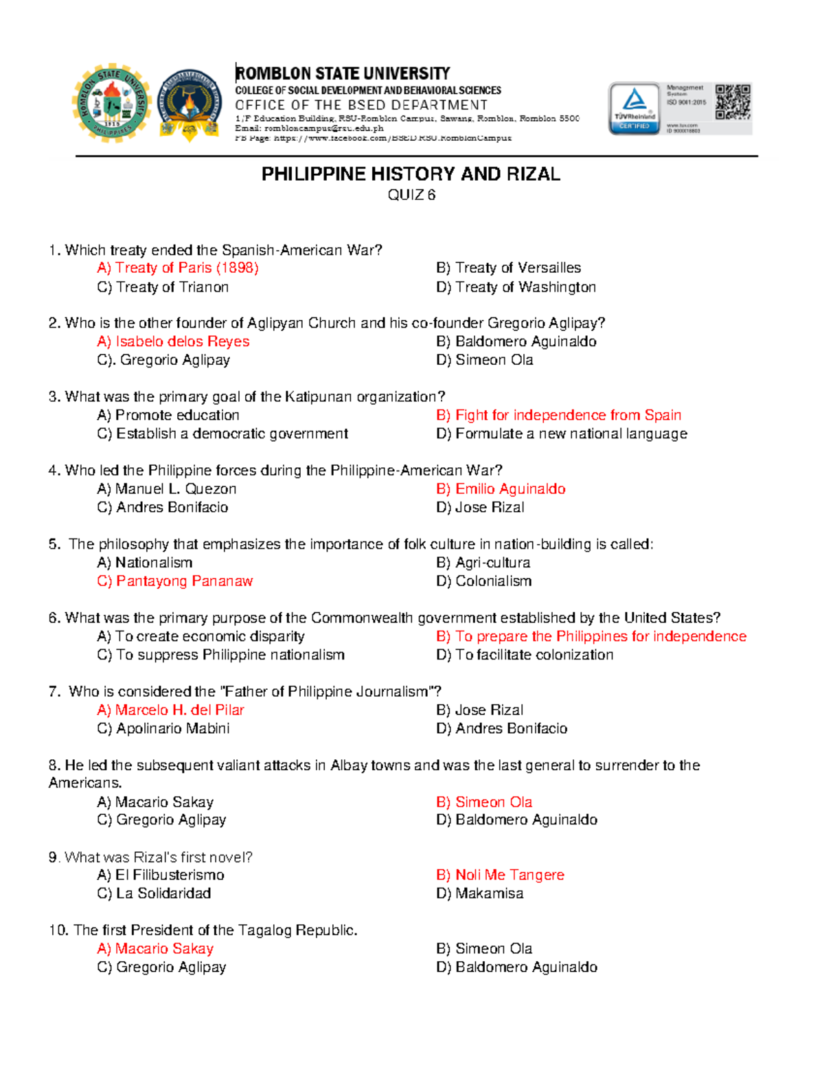 QUIZ 6 philippine history and Rizal WITH Answer - PHILIPPINE HISTORY ...