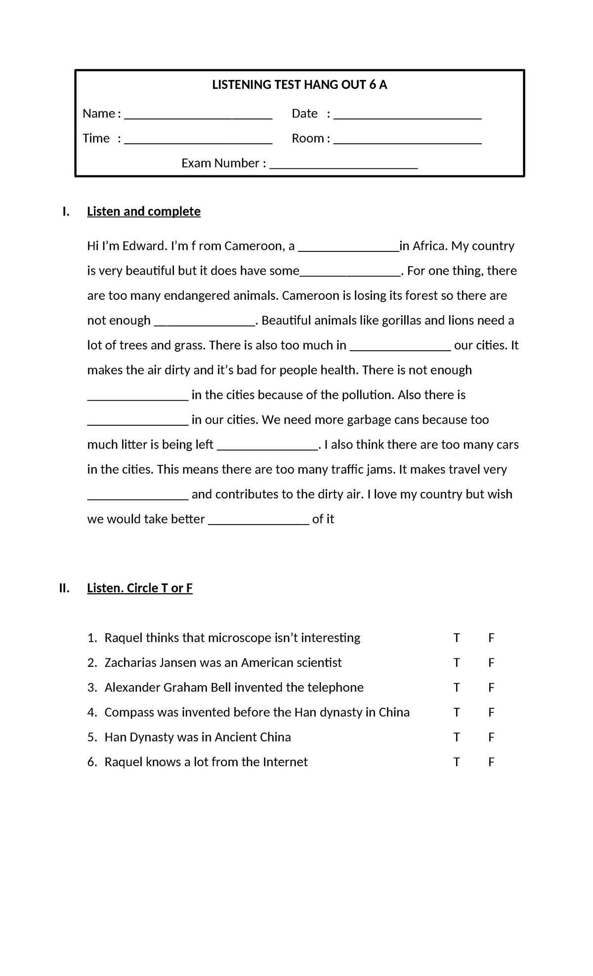 HANG OUT 6 Listening Test: Environmental Issues & True/False Questions ...