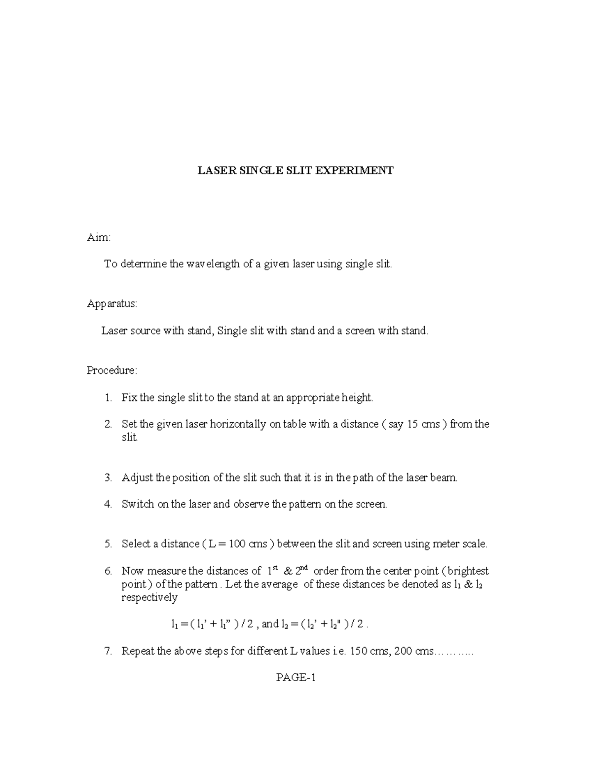 Laser single slit experiment: Determining wavelength using laser - Studocu