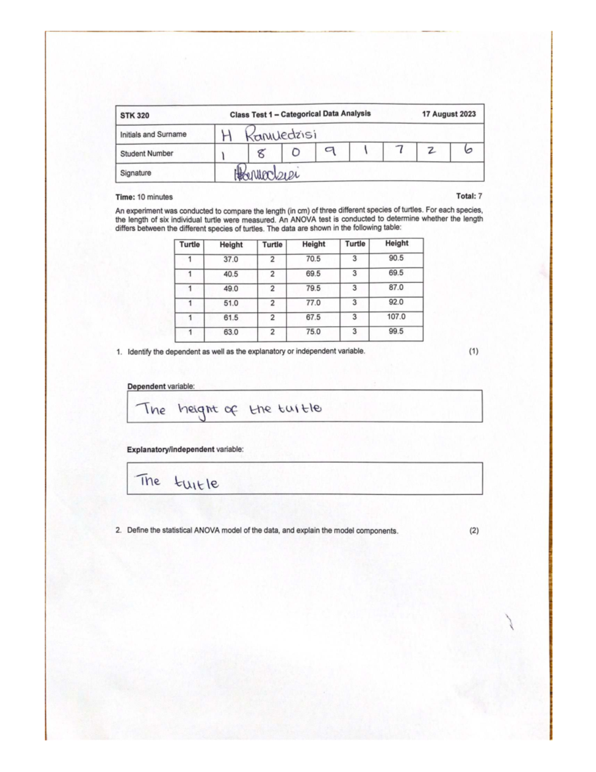 STK 320 Class Test 1: ANOVA Analysis of Turtle Lengths - Studocu