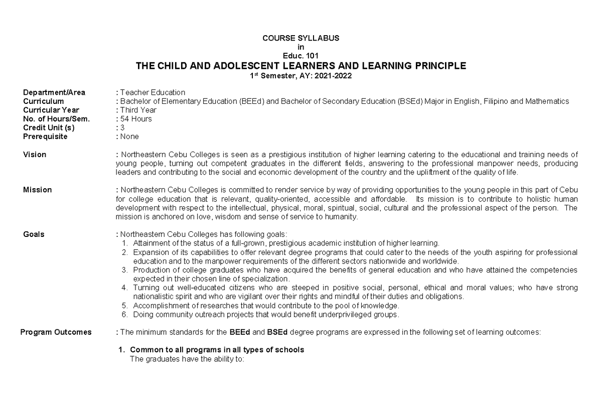 Educ. 101 Syllabus: Child and Adolescent Learners & Learning Principles ...