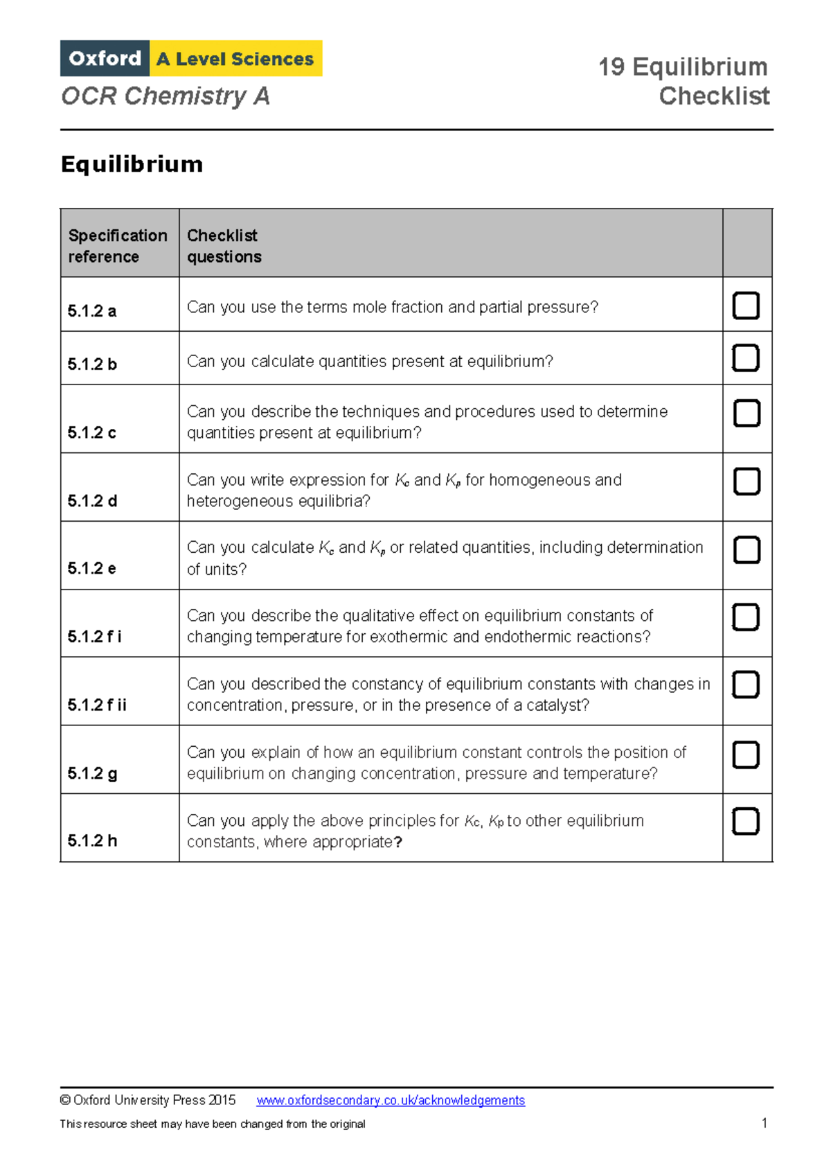 Equilibrium Concepts & Calculations - OCR Chem A Checklist [43] - Studocu