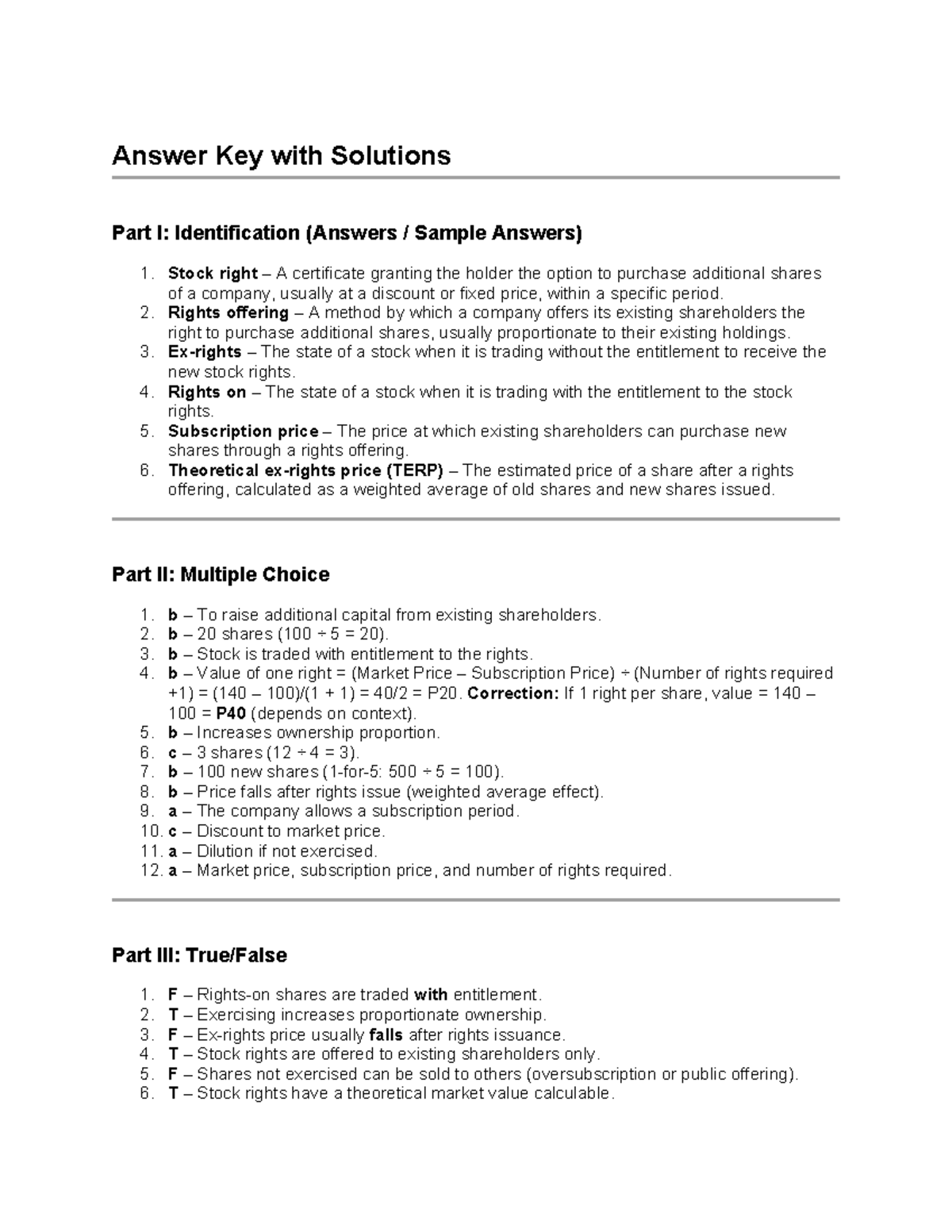 Answer Key with Solutions: Stock Rights & Valuation (Part I) - Studocu