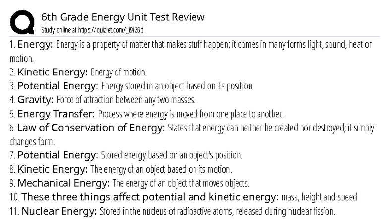 6th Grade Energy Unit Test Review Guide - Studocu