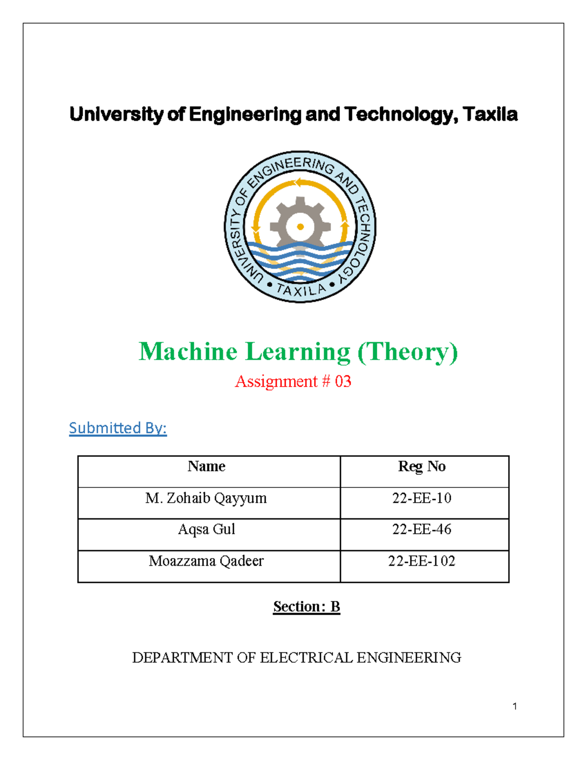 ML Assignment# 03 - Helpfull for learning. - University of Engineering and Technology, Taxila ...