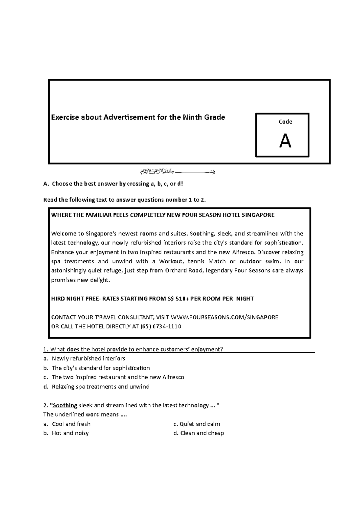 Advertisement Exercises for Ninth Grade: Understanding Ads and ...