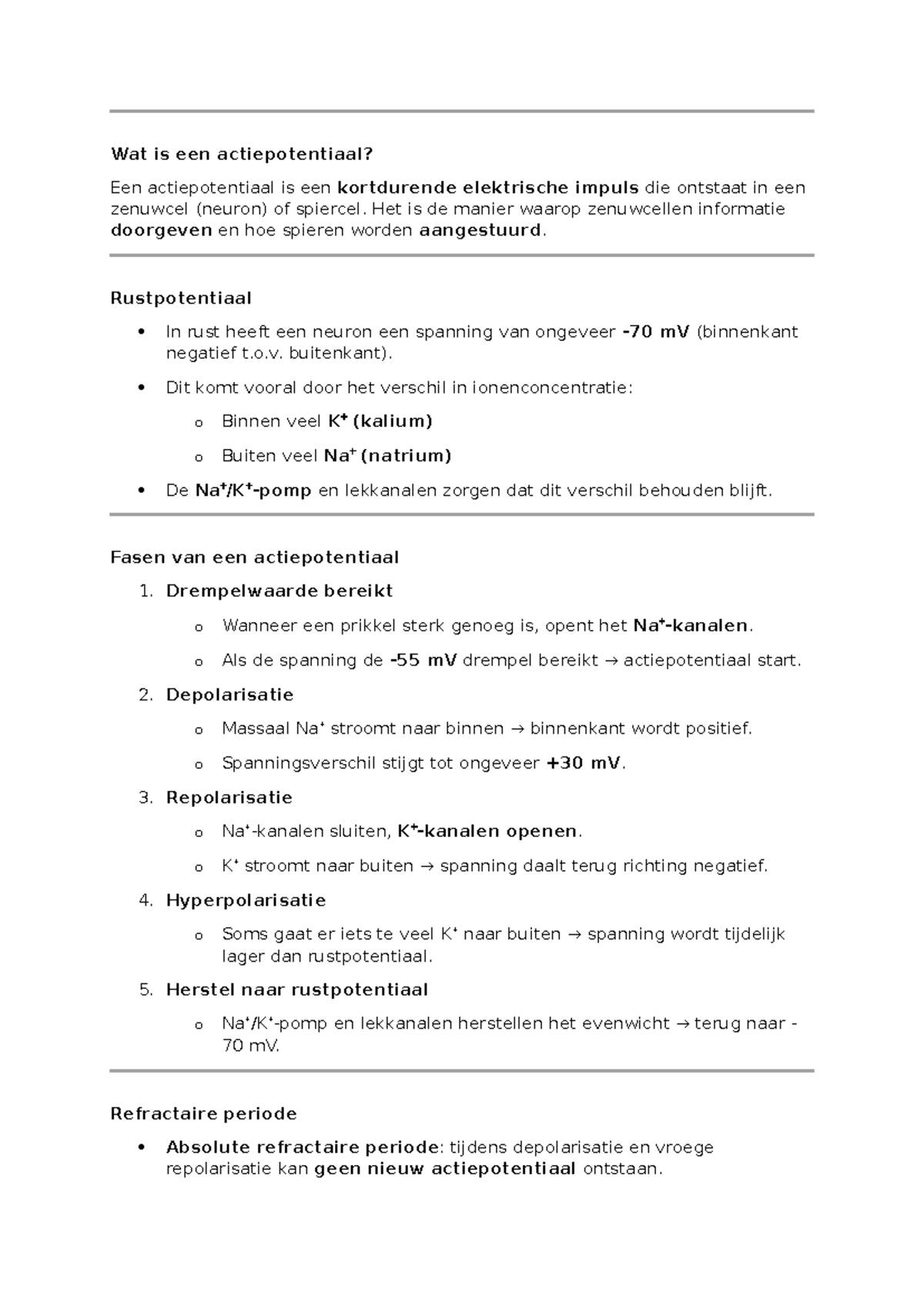 Actiepotentiaal: Mechanismen en Fasen in Neuronen en Spiercellen - Studocu