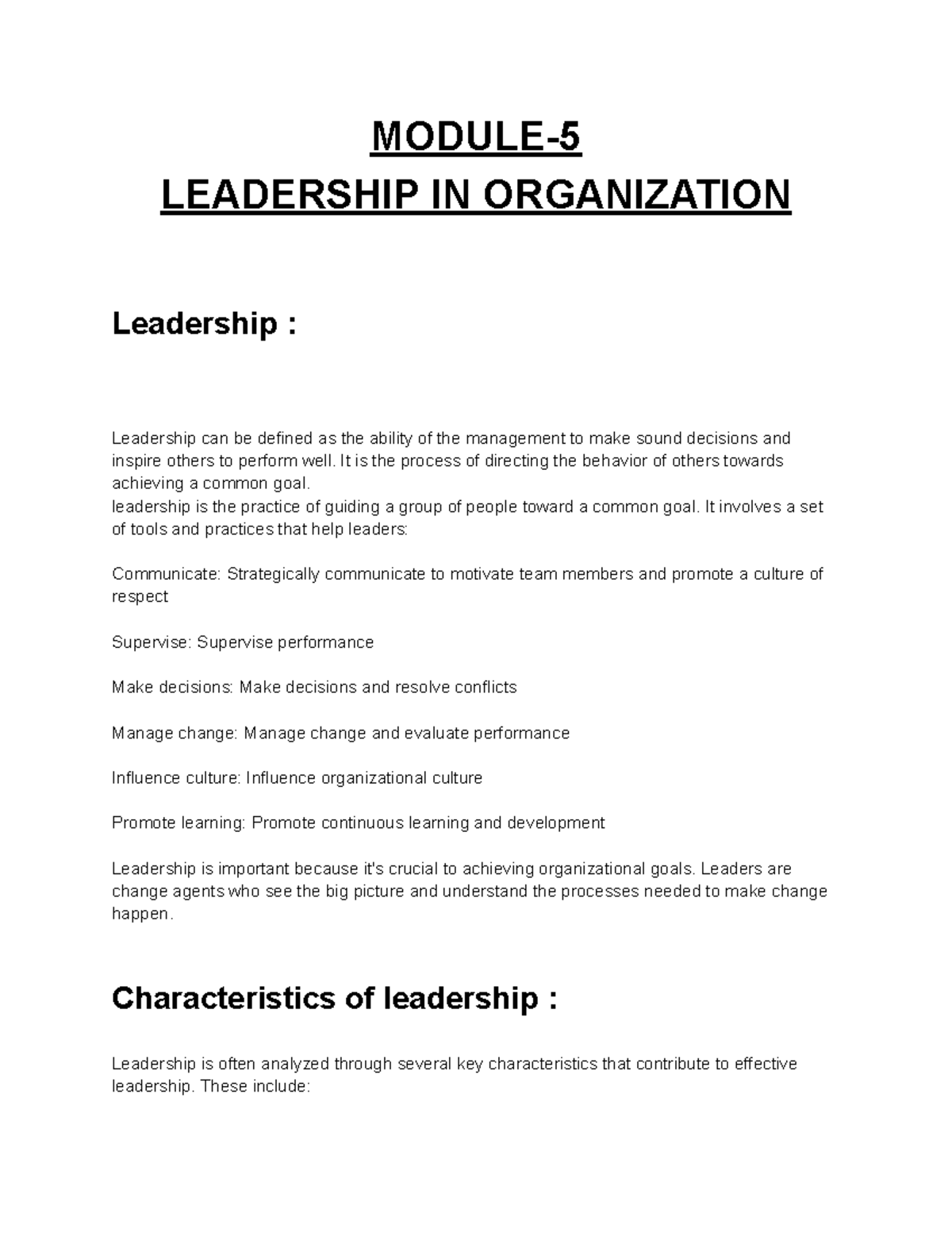 Module 5: Leadership in Organization - Key Concepts and Theories - Studocu
