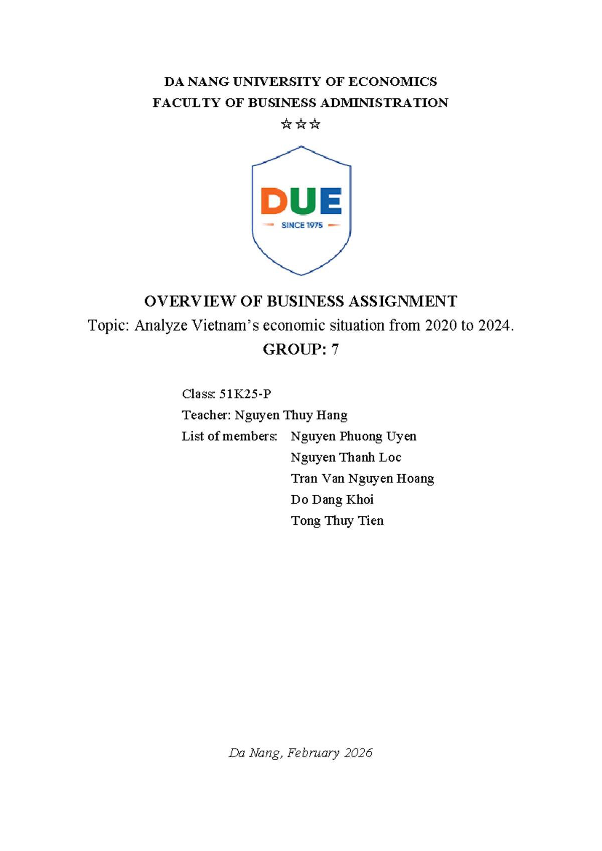 DA NANG UNIVERSITY OF ECONOMICS: BUSINESS ASSIGNMENT ANALYSIS (2020 ...