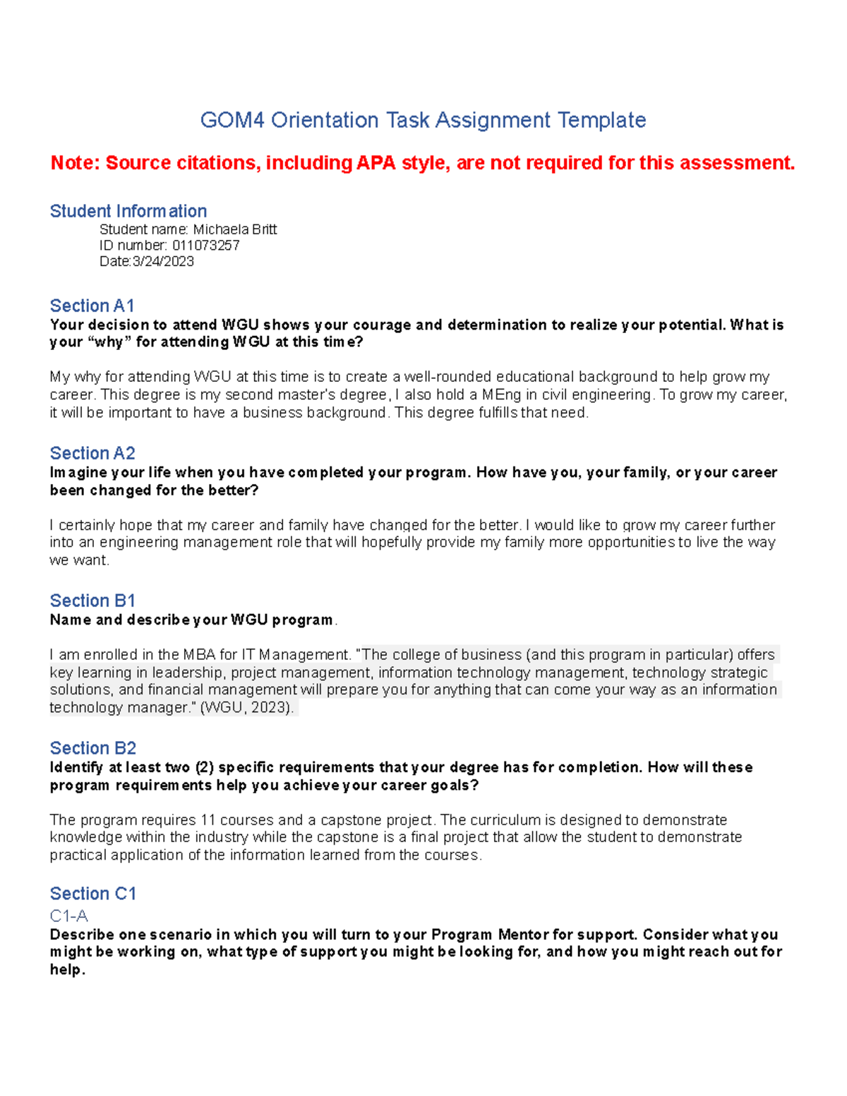 M Britt Orientation - GOM4 Orientation Task Assignment Template Note: Source citations ...