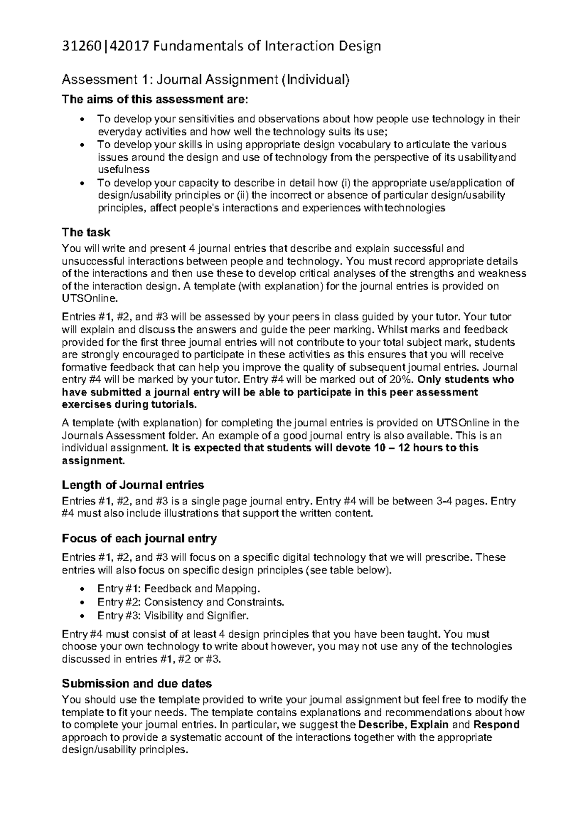 31260|42017 Assessment 1: Journal Entry Guidelines & Criteria - Studocu