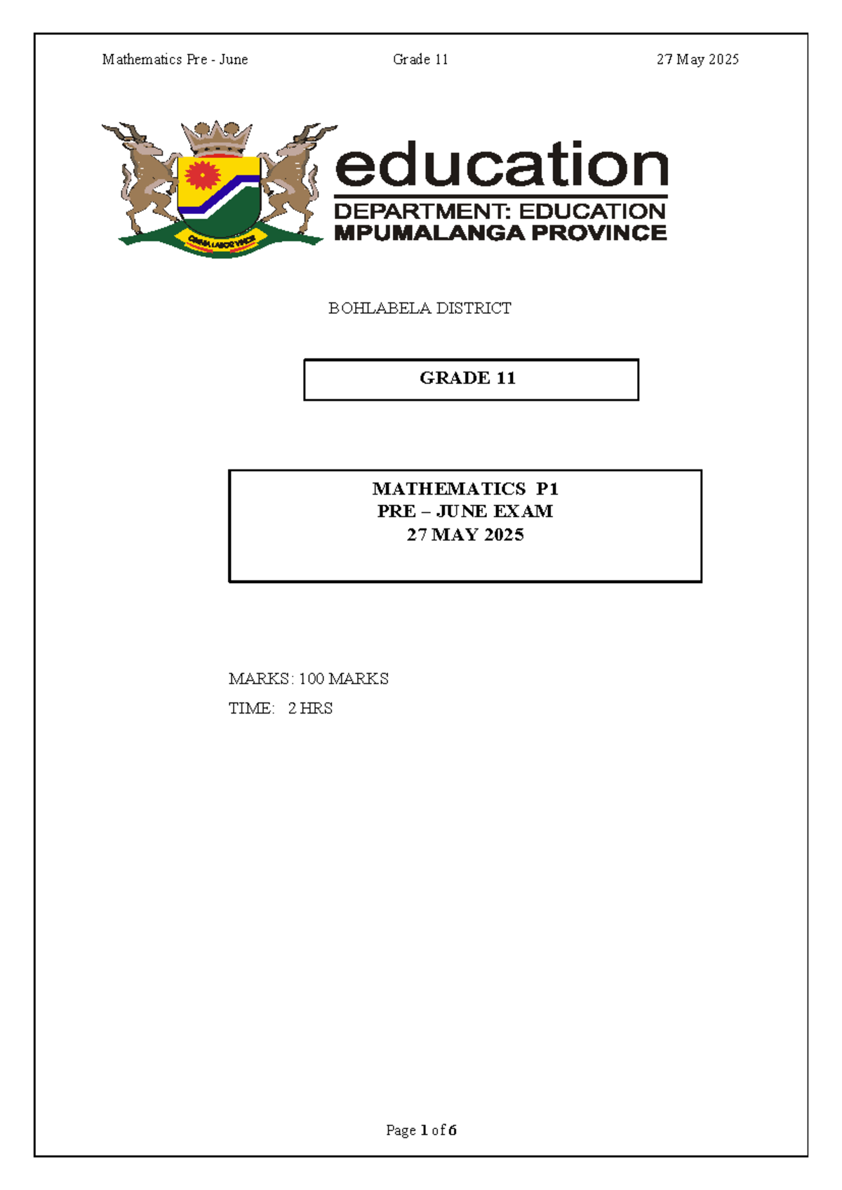 Grade 11 Mathematics P1 Pre June Exam 2025 - Question Paper - Studocu