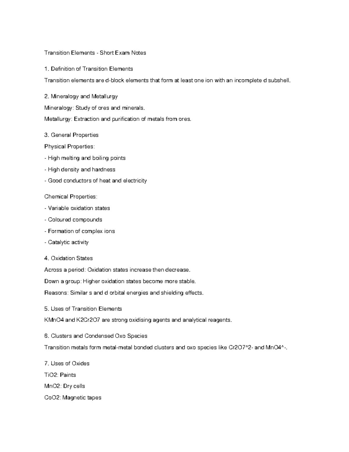 Transition Elements Short Exam Notes: Key Concepts and Properties - Studocu