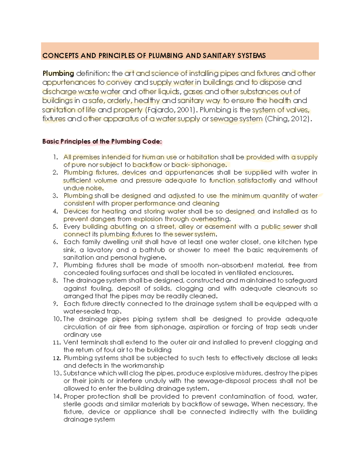 Study Notes on Plumbing Systems: Concepts & Principles - Studocu