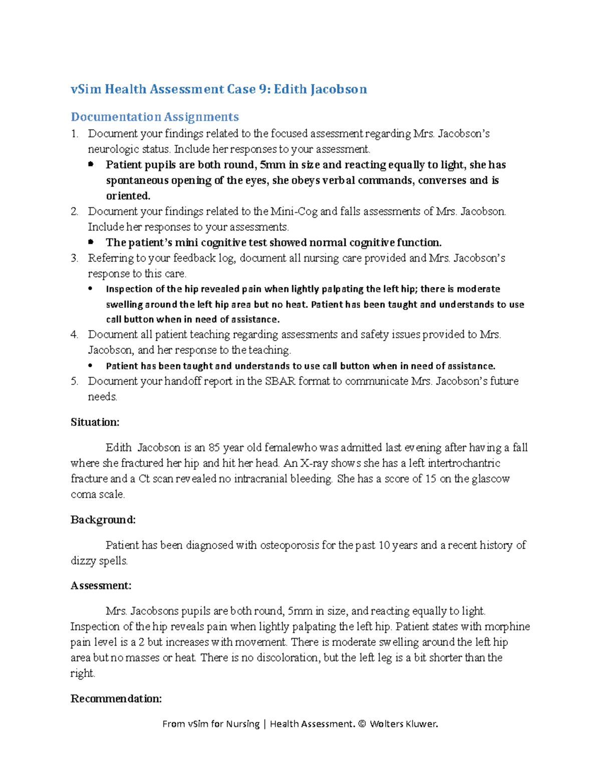 vSim Health Assessment Case 09: Edith Jacobson Documentation Review ...