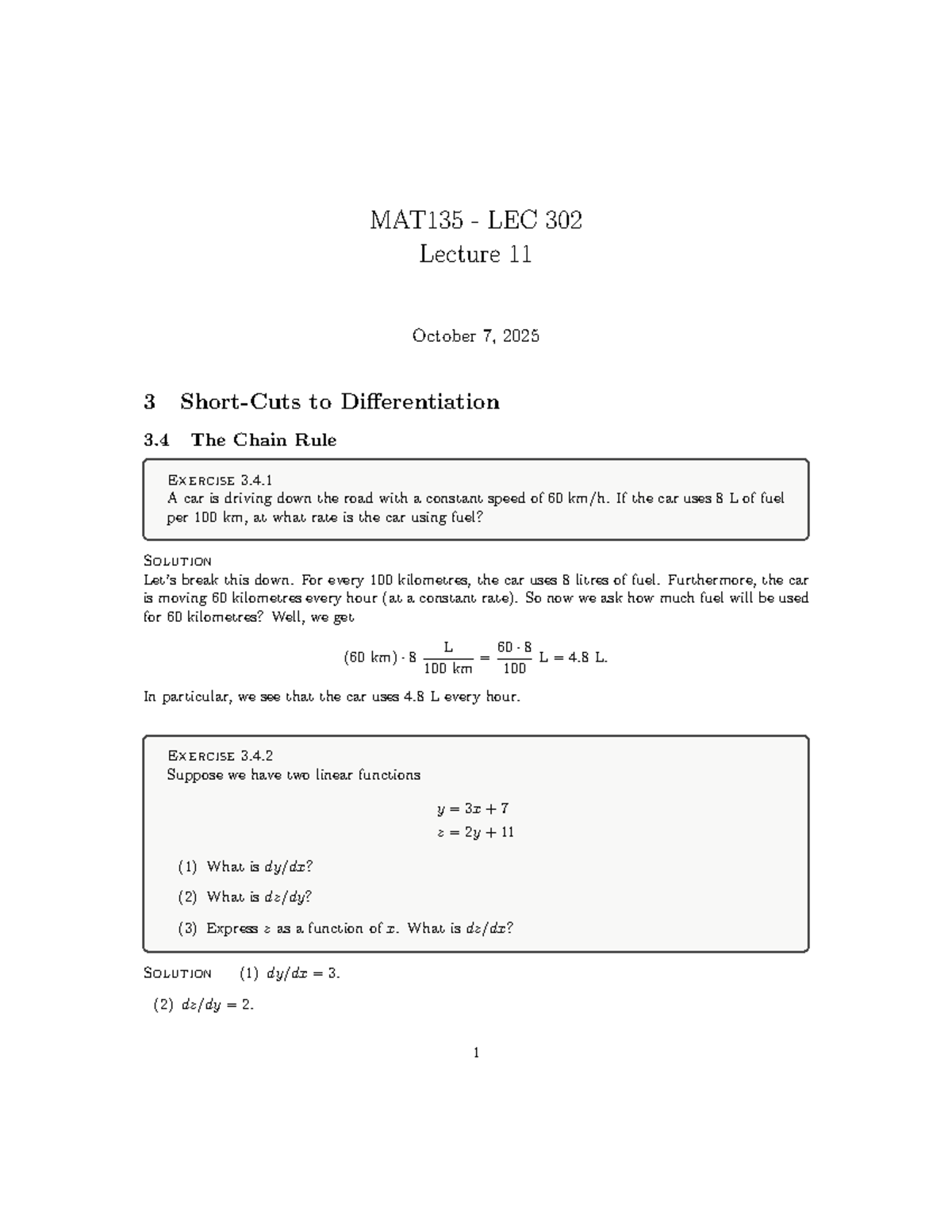 MAT135 LEC 302 Lecture 11: Differentiation & Chain Rule Exercises - Studocu