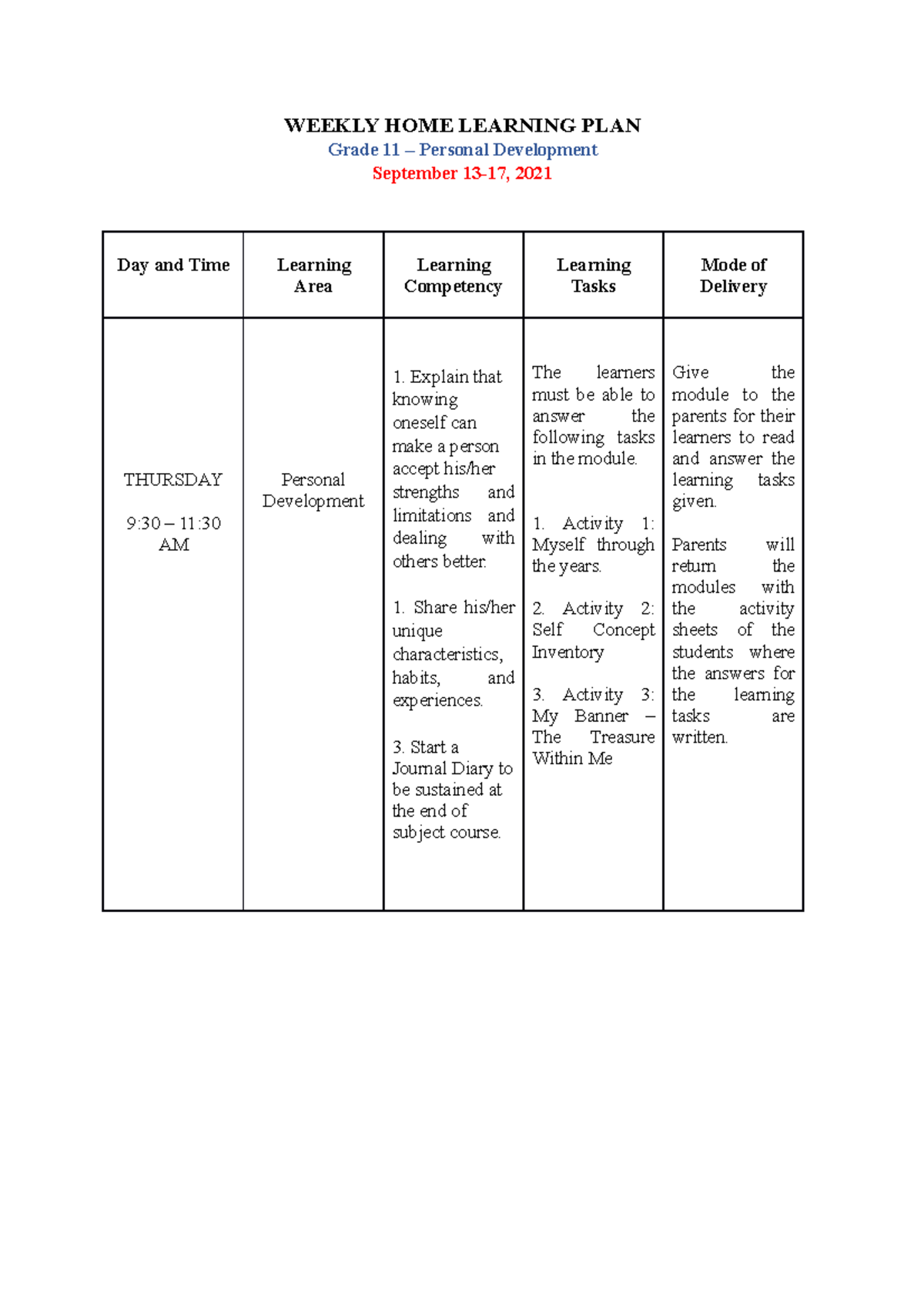 Grade 11 Personal Development Weekly Home Learning Plan (Sept - Oct ...