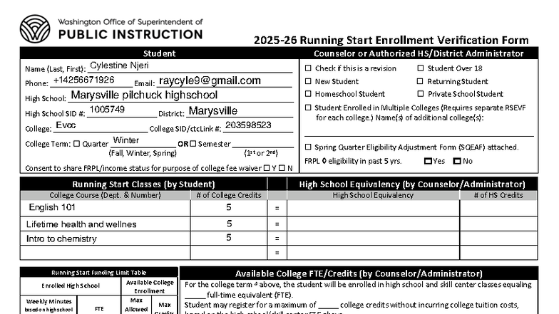 Running Start Enrollment Verification Form (RSEVF) for Spring Quarter ...