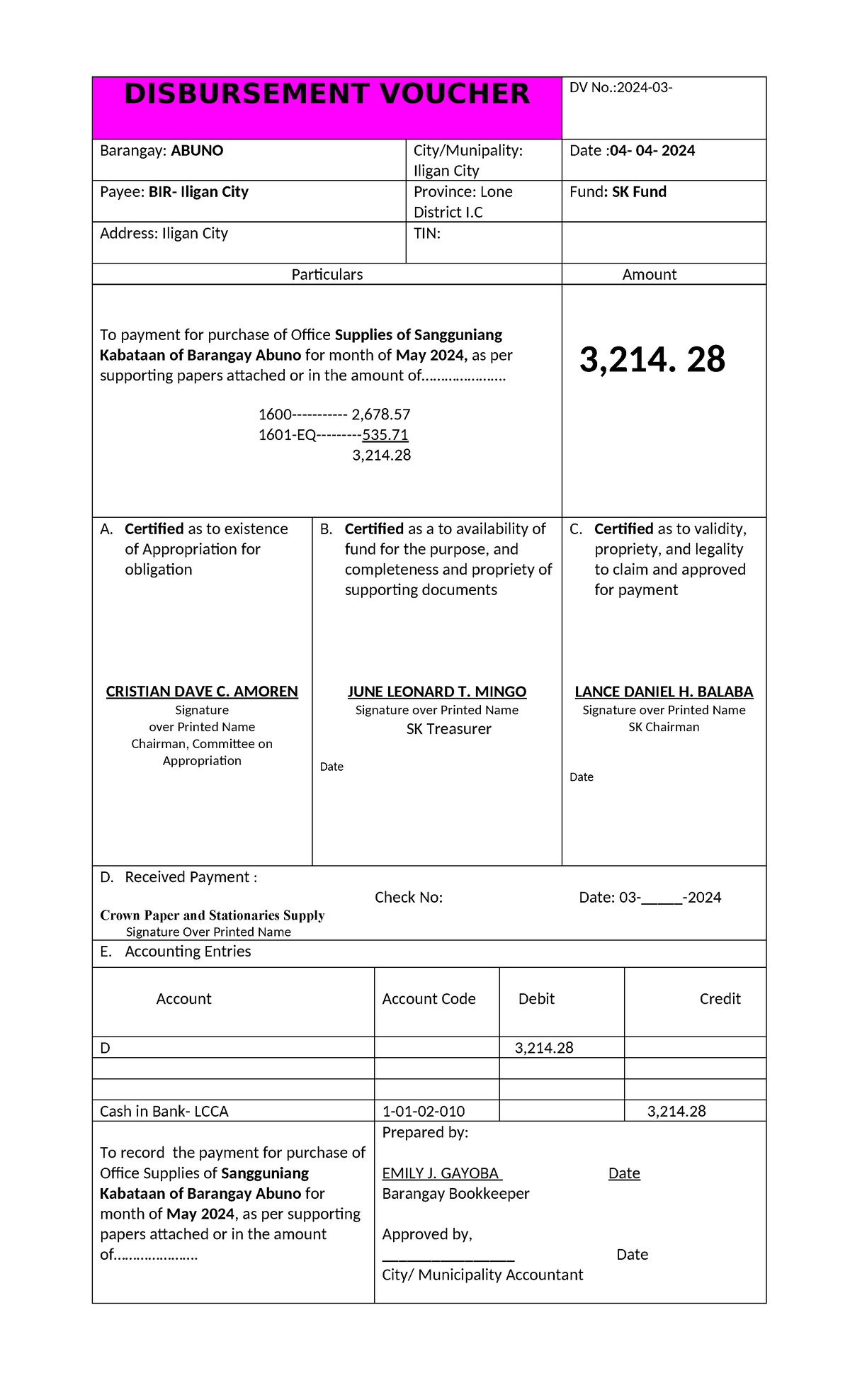 SK Fund Disbursement Voucher & Office Supplies Purchase - Barangay ...