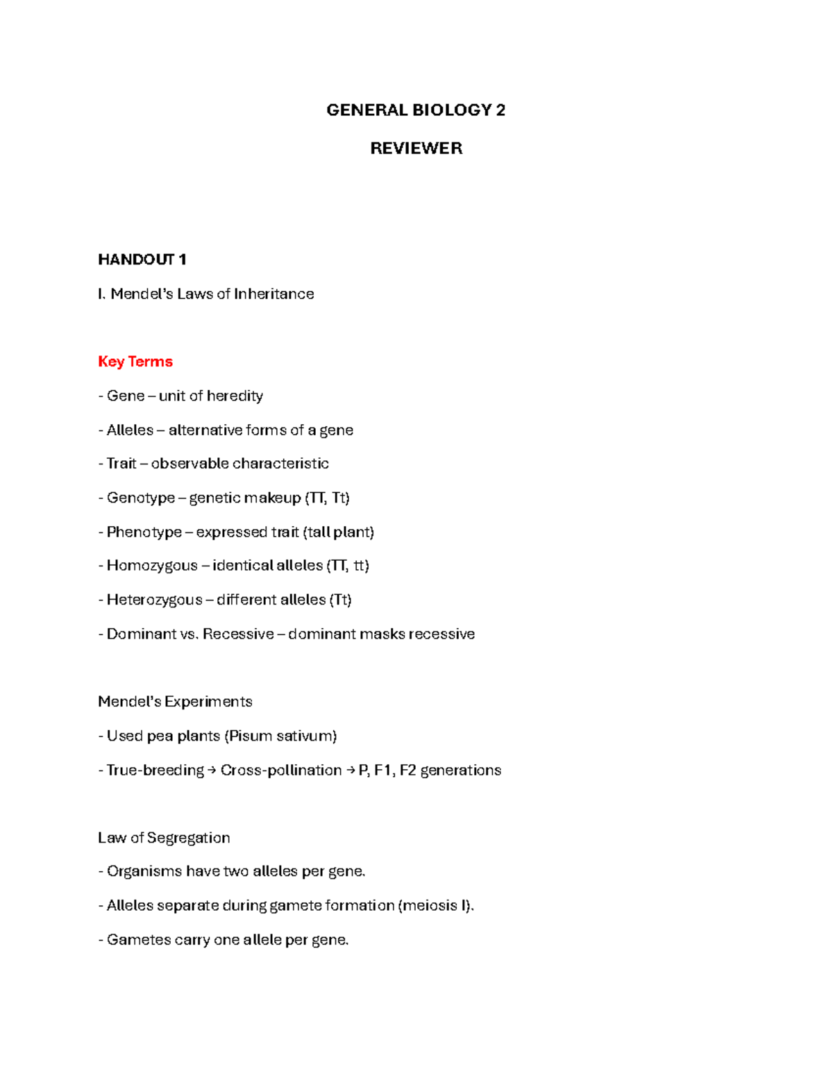 GEN BIO 2 REVIEWER: Inheritance, Genetics, and Physiology Concepts ...