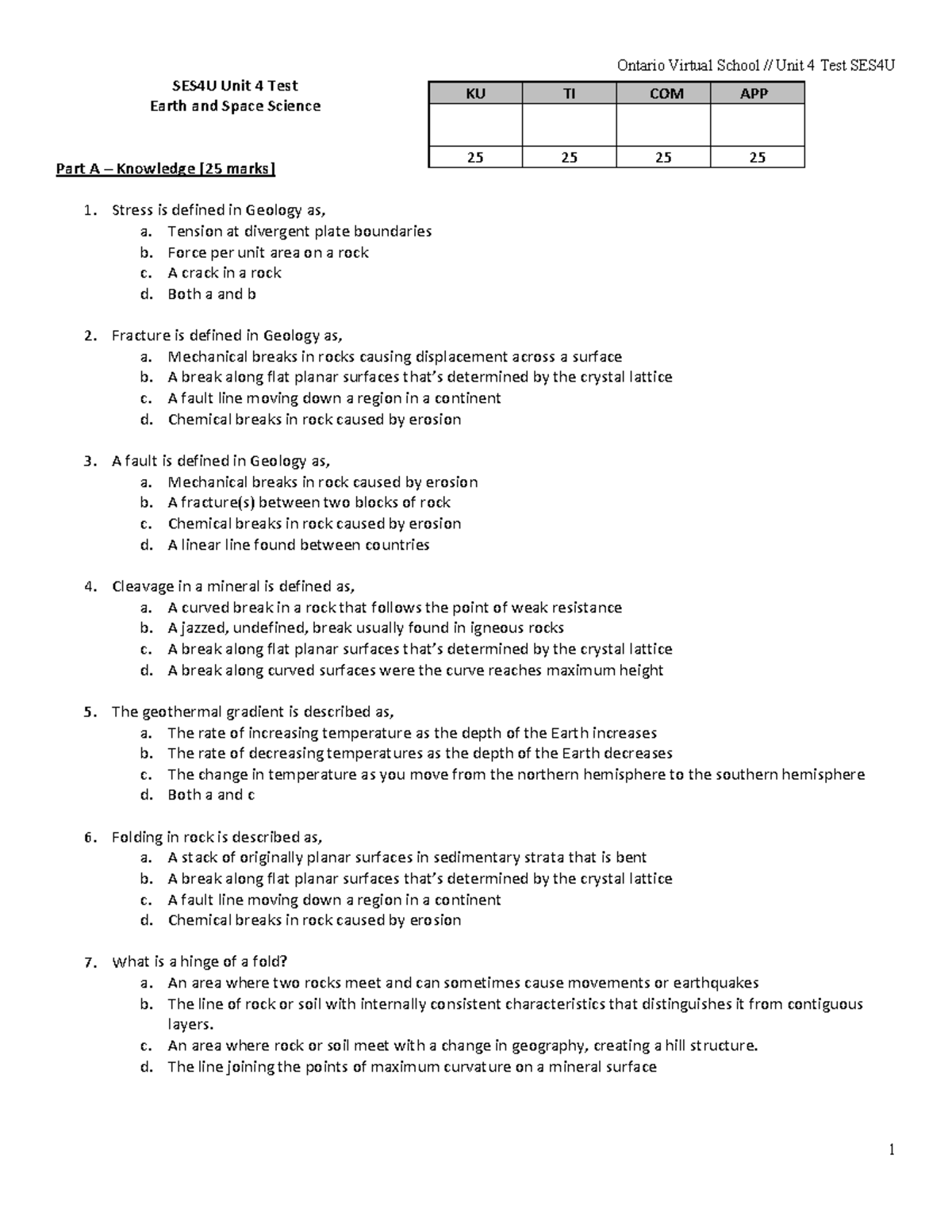SES4U Unit 4 Test: Earth and Space Science Knowledge Assessment - Studocu