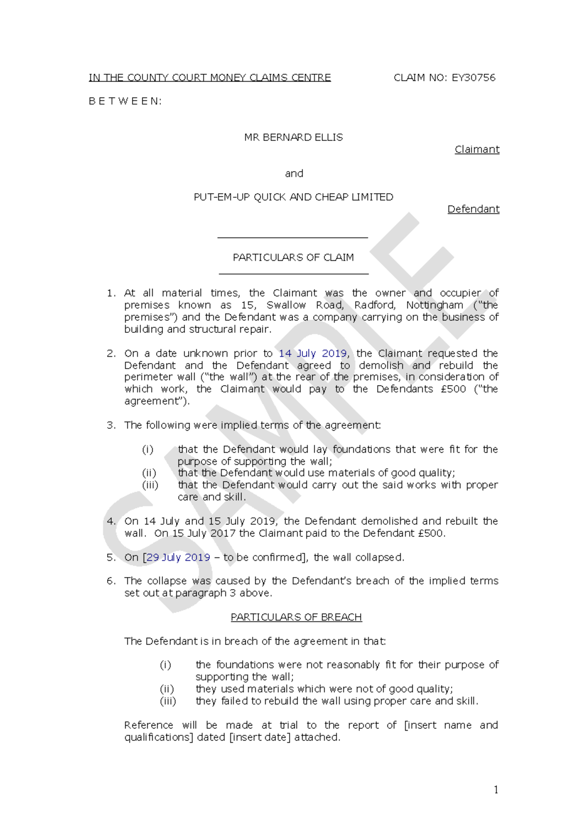 Particulars of Claim - Claim No: EY - Mr Bernard Ellis v. Put-Em-Up ...